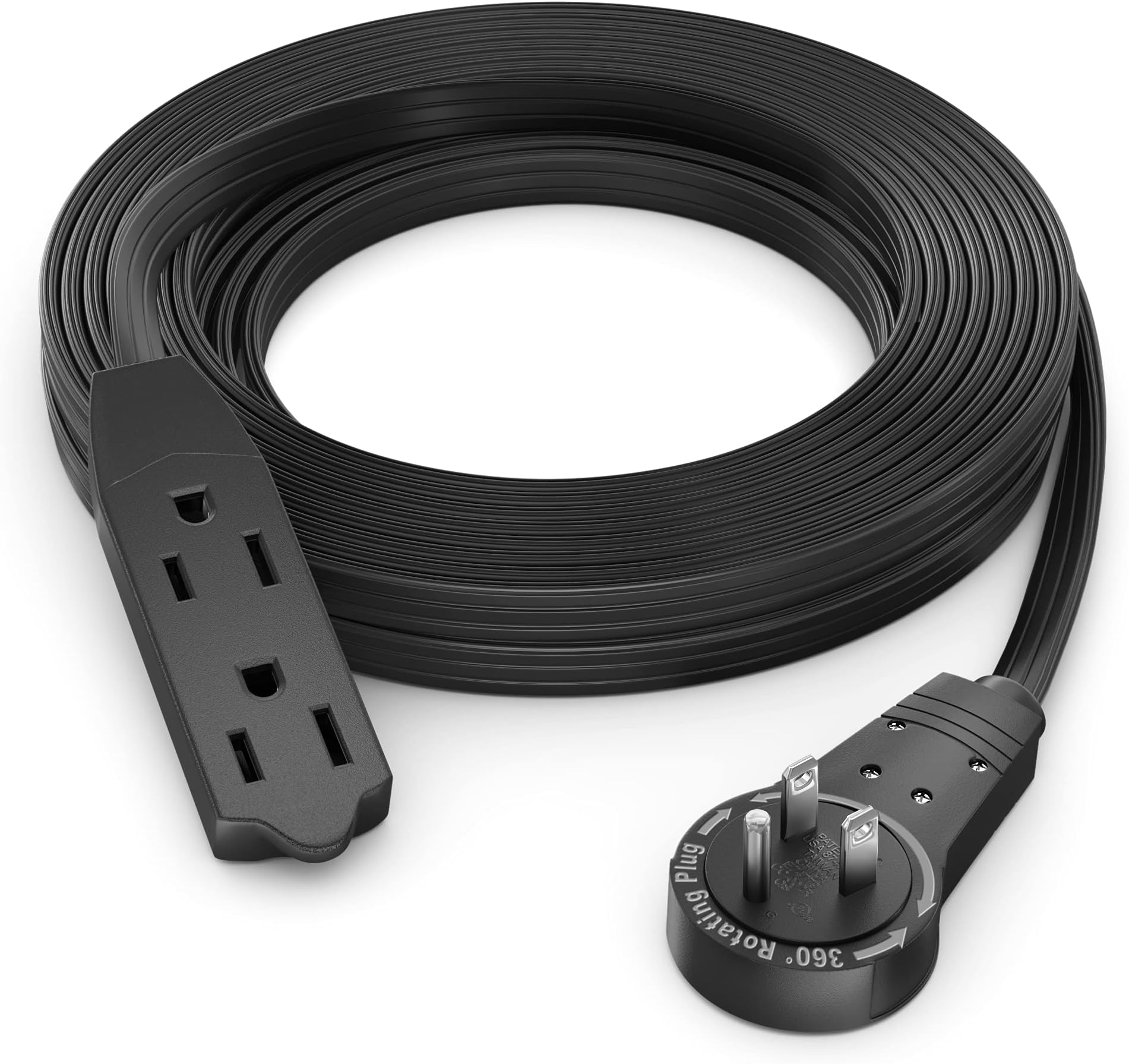 Maximm Cable 15 Ft 360° Rotating Flat Plug Extension Cord/Wire, 16 AWG ...
