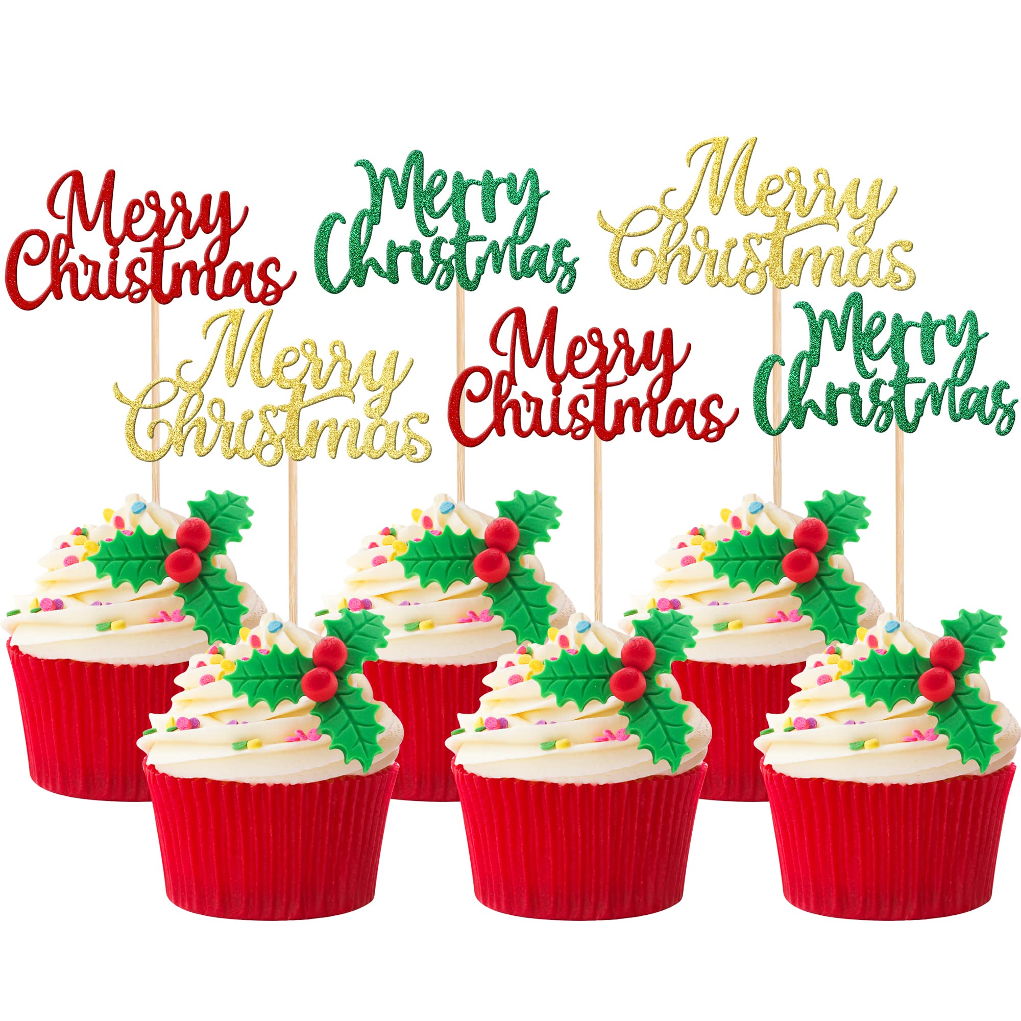 Amazon.com: 36 PCS Merry Christmas Cupcake Toppers Glitter Christmas ...