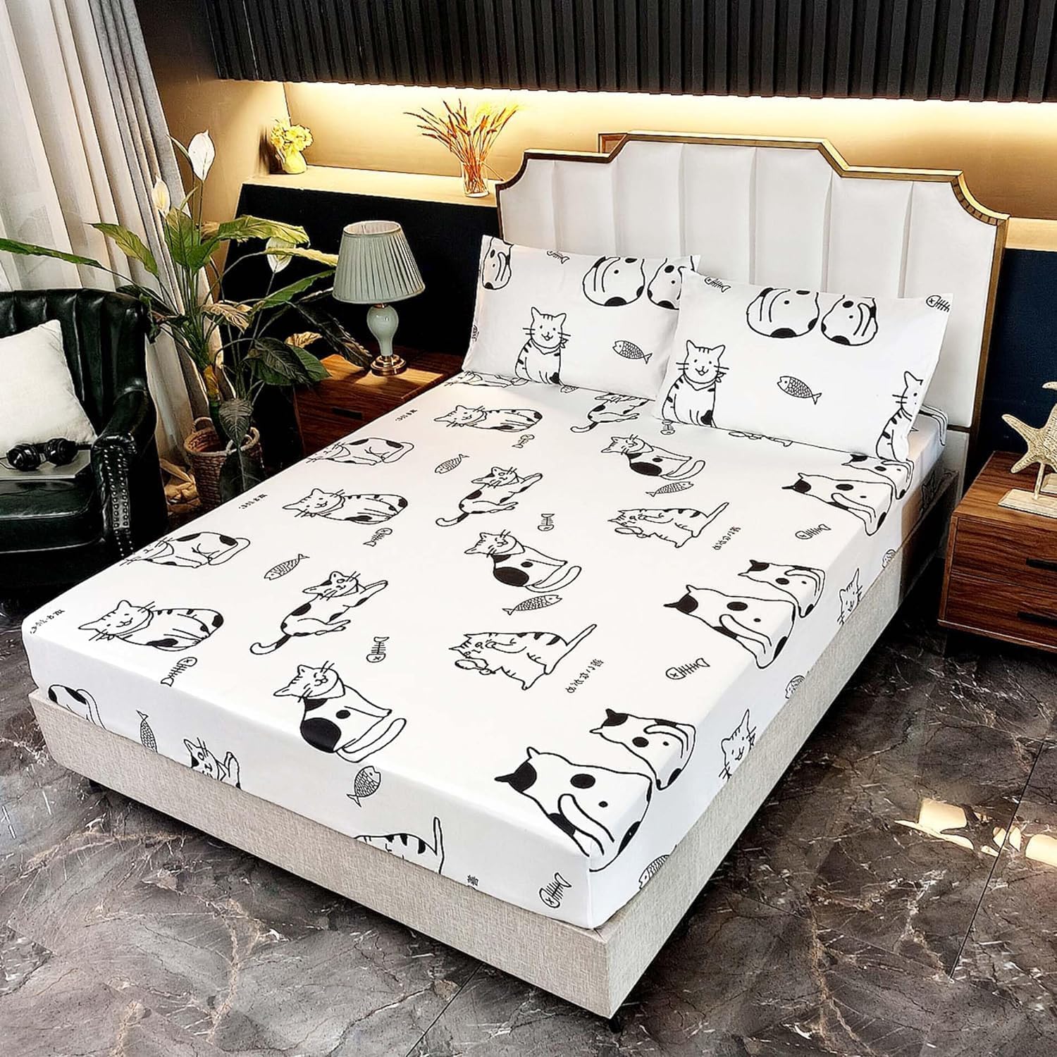 Amazon.com: SDY 3PCS Black and White Cat Bedding Sheet Set, Cartoon Cat ...