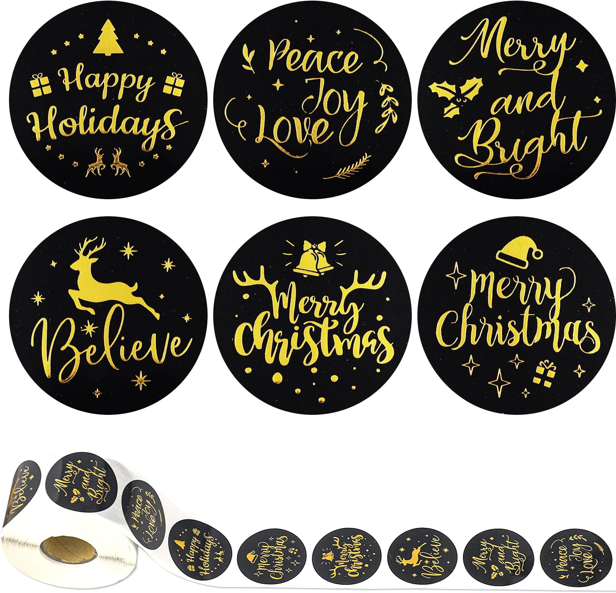 Amazon.com : Merry Christmas Stickers Roll 4 Designs Black Round ...