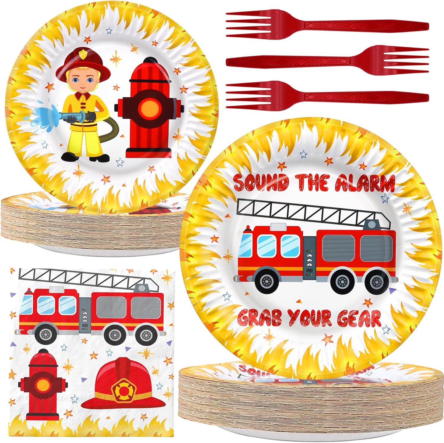 Amazon.com: Firetruck Party Decorations - Firefighter Party Plates and ...