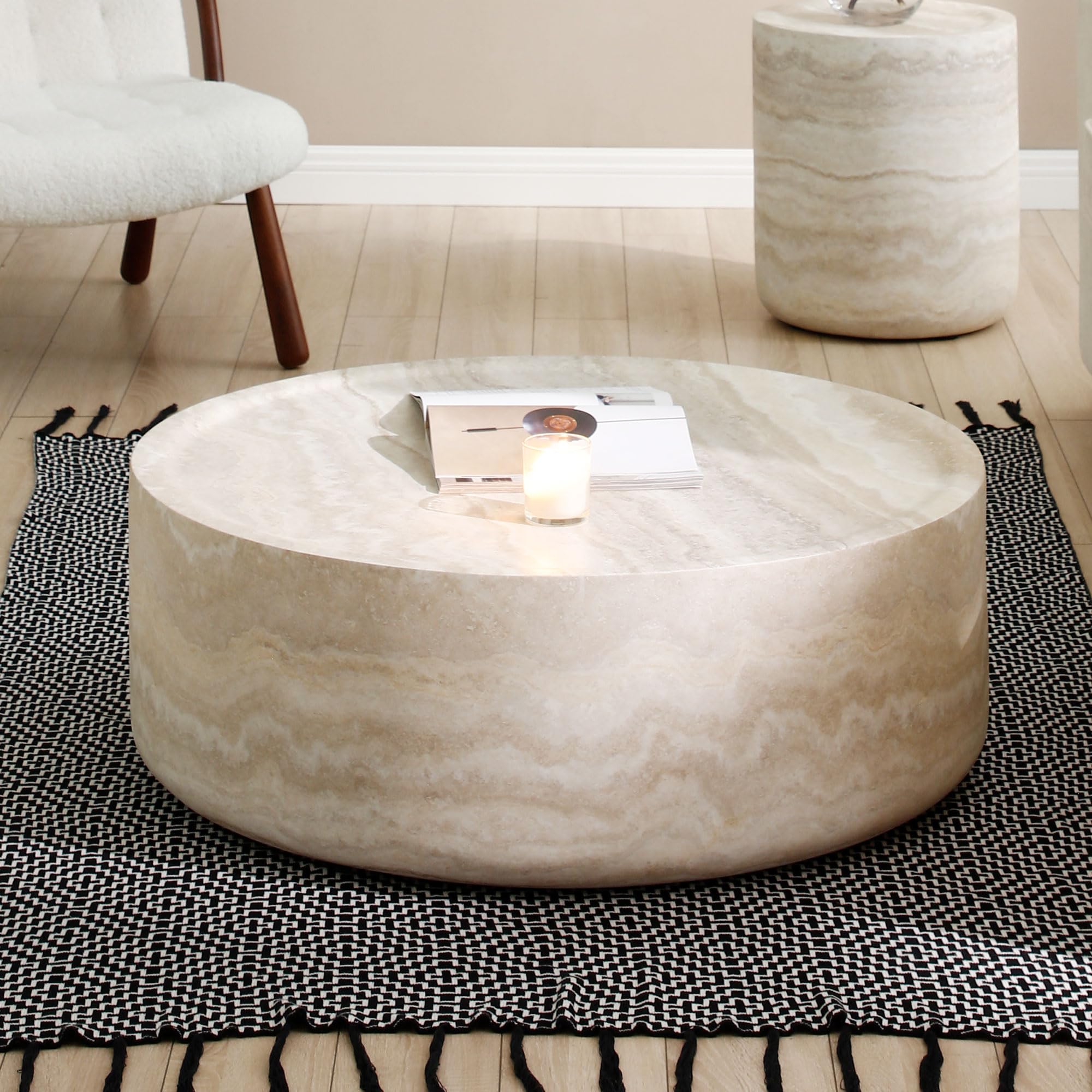 Amazon.com: Drum Coffee Table Minimalist Faux MarbleTea Table Living ...