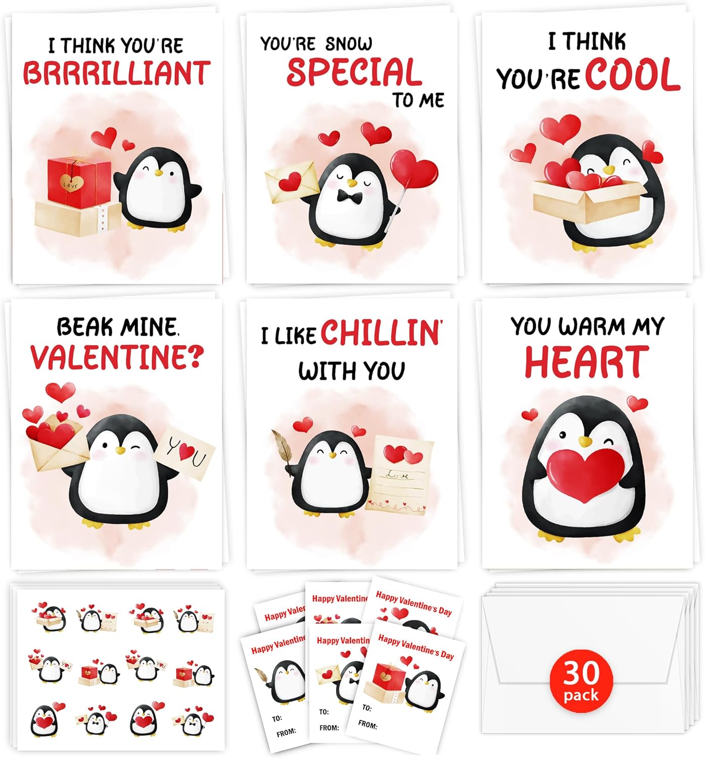 Amazon.com : HIDEGRASS Penguin Valentine's Day Cards for Kids Classroom ...
