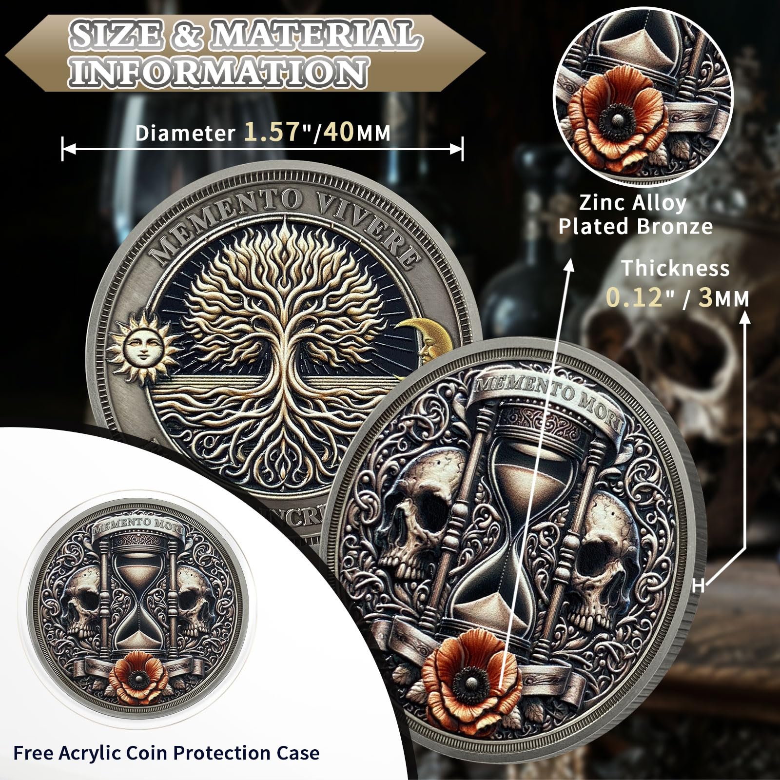 Large Coin Memento Mori Challenge Coin - 3D Hourglass Skull Medallion ...
