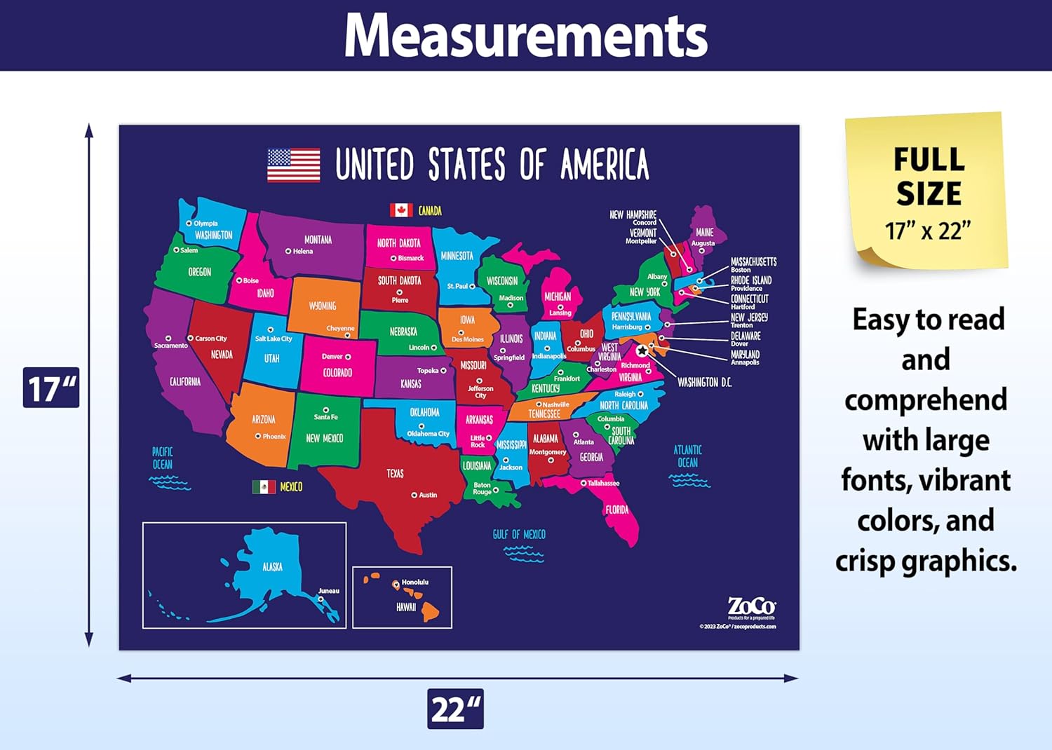 Colorido Mapa de Estados Unidos y Capitales - Laminado, 17 x 22 ...