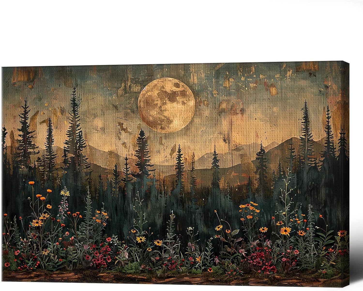 Amazon.com: Vintage Full Moon Forest Wall Art Rustic Wildflower Poster ...