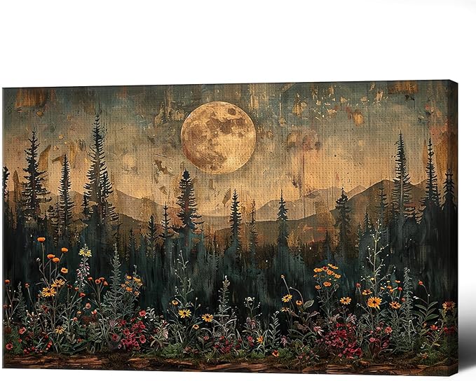 Amazon.com: Vintage Full Moon Forest Wall Art Rustic Wildflower Poster ...