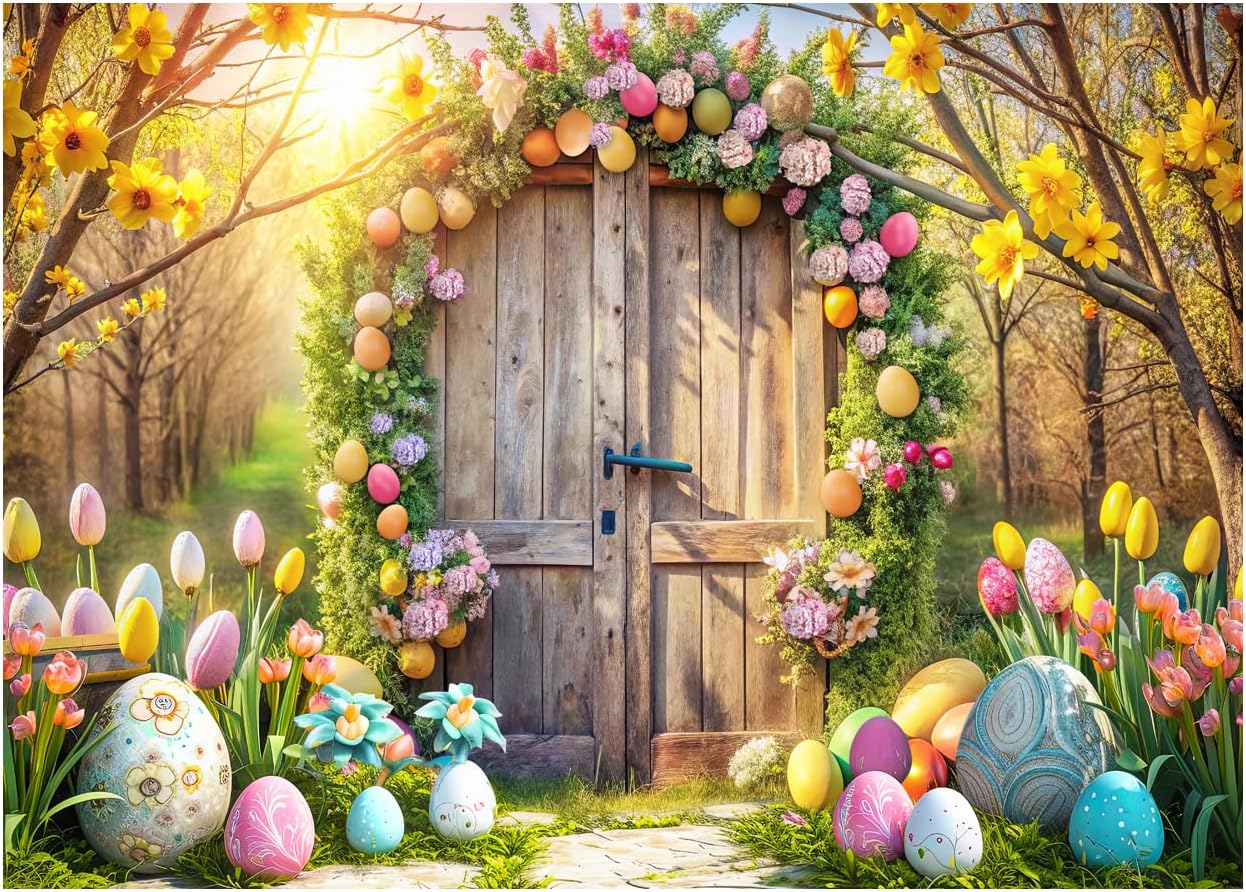 Amazon.com : WOLADA Easter Backdrop Easter Wooden Door Forest Backdrop ...