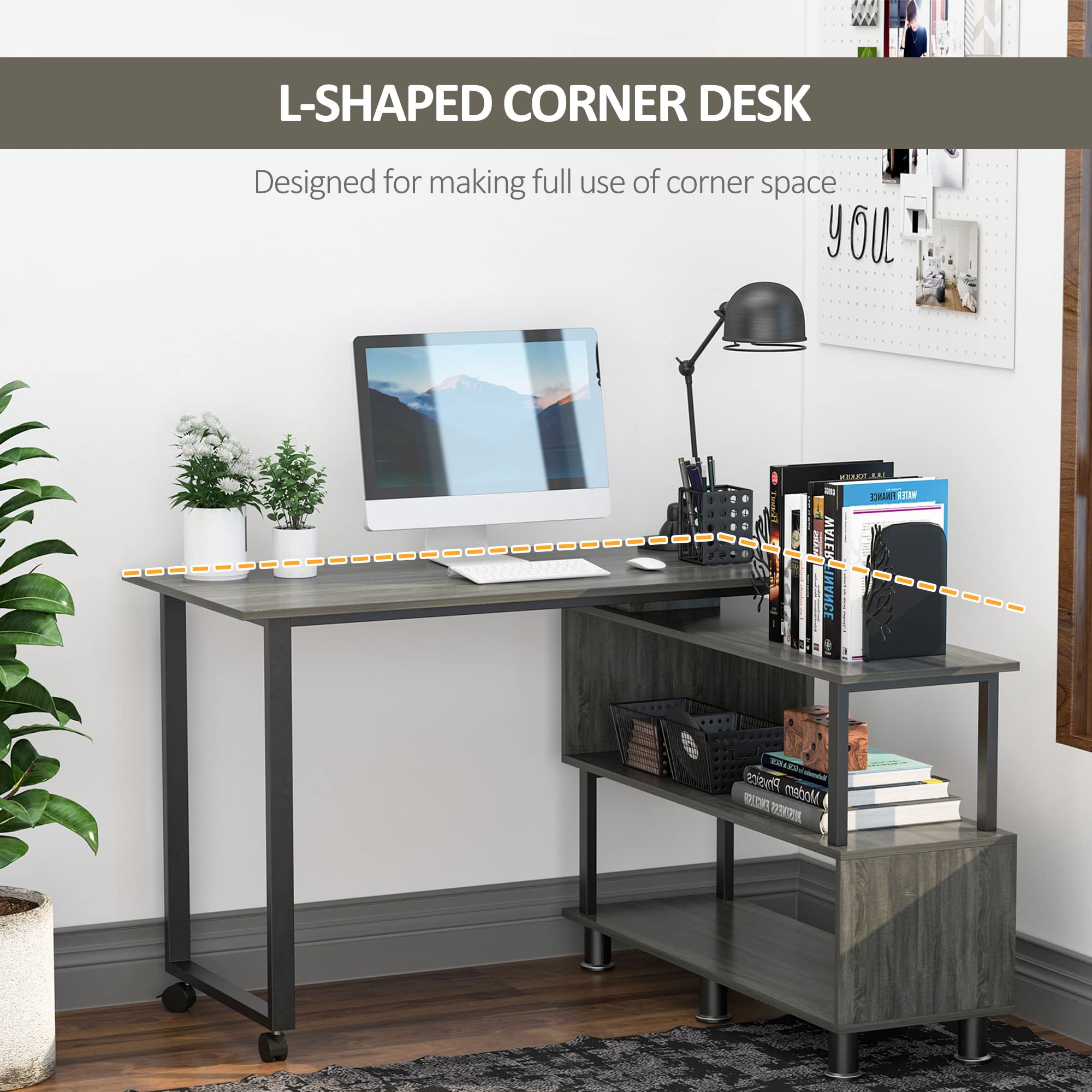 Buy HOMCOM Mobile L-Shaped Rotating Computer Desk with Storage Shelves ...