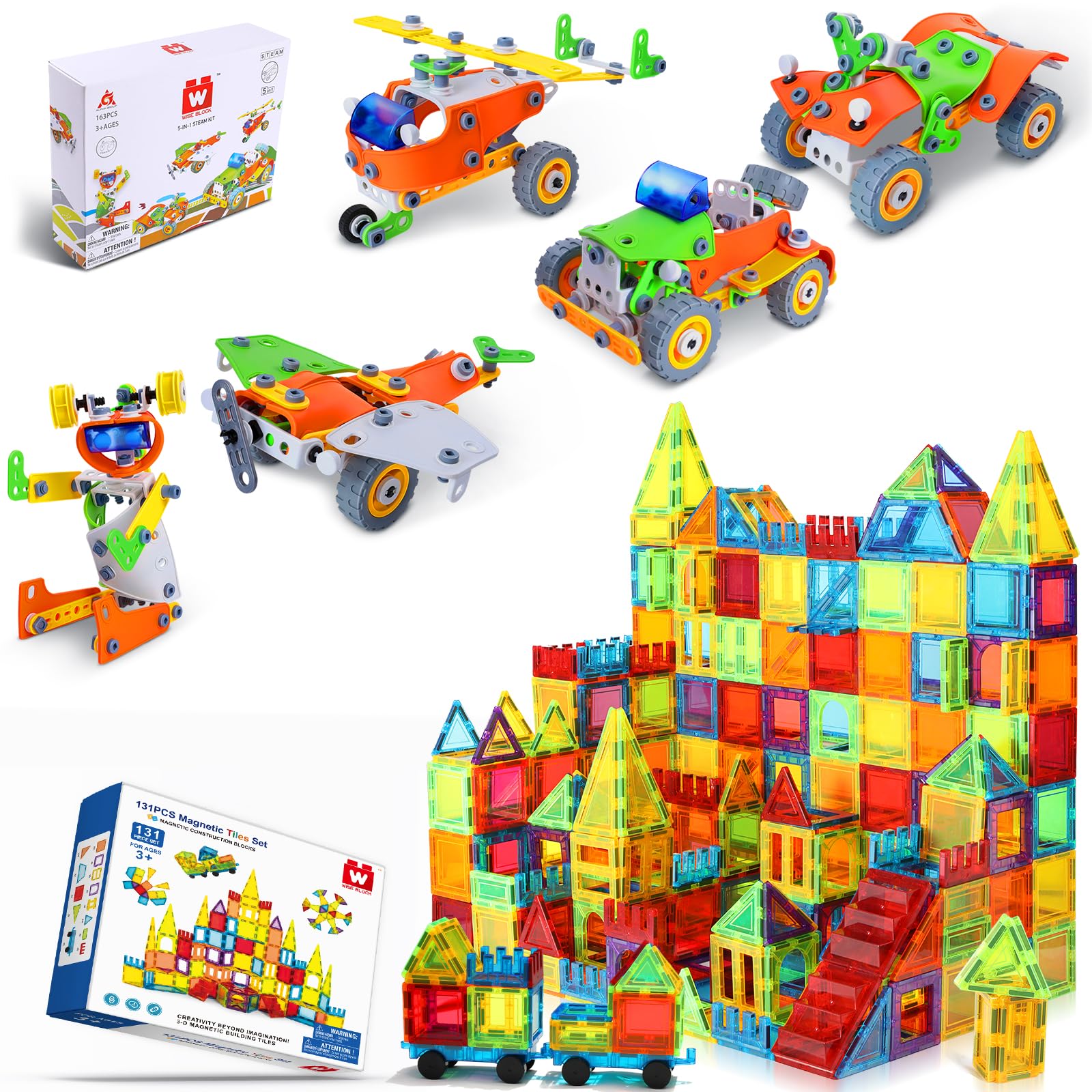 Amazon.com: W WISE BLOCK Building Blocks, 131PCS Magnetic Blocks & 164 ...