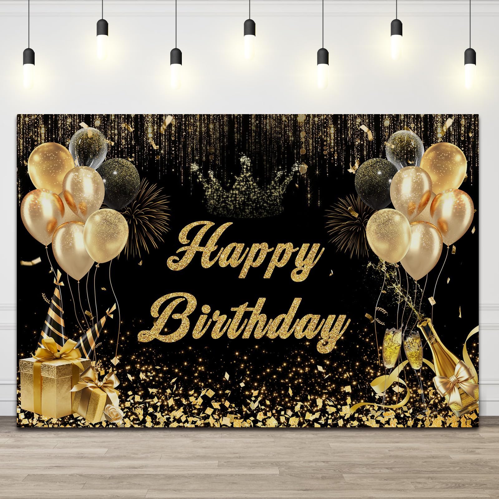 Amazon.com : Glitter Gold Black Happy Birthday Backdrop, Deluxe Golden ...