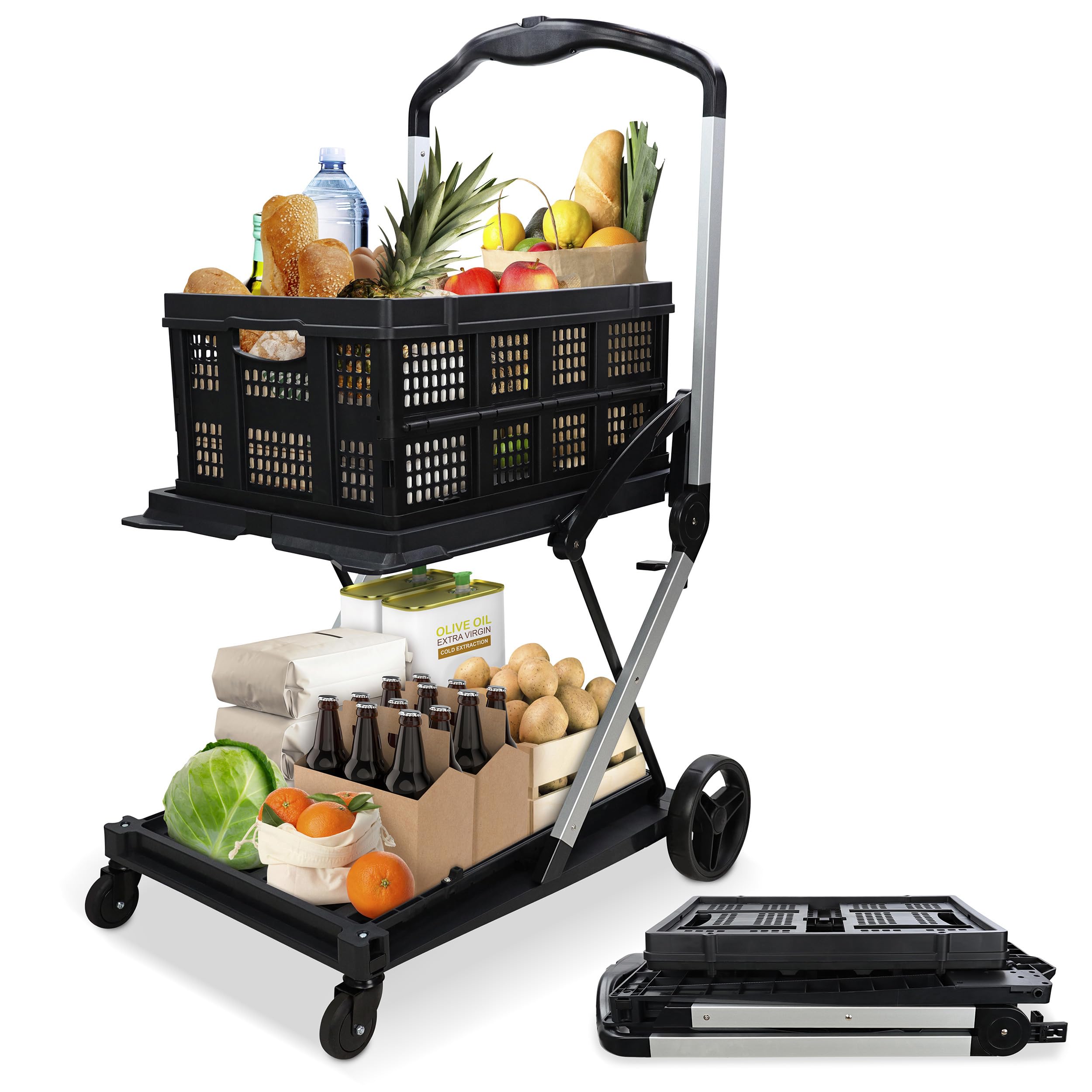 Amazon.com: BISupply Collapsible Cart for Groceries - 2 Level Foldable ...