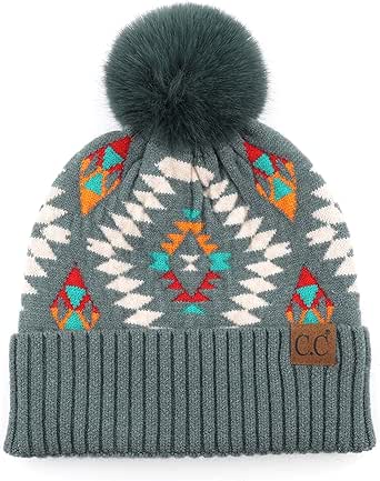 Funky Junque Warm Knit Faux Fur Pom Hat: Aztec - Forest One Size at Amazon Men’s Clothing store