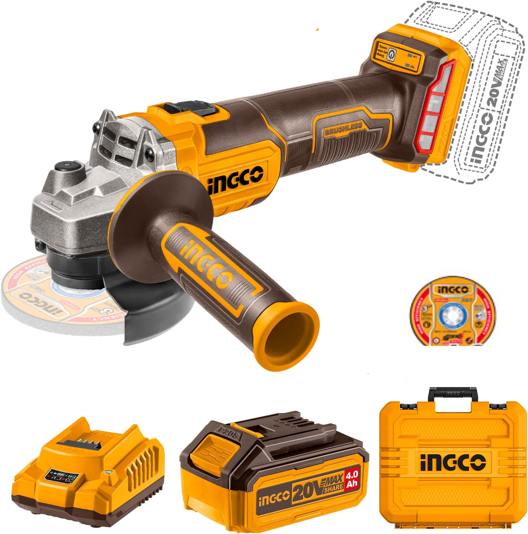 INGCO 20V Cordless Angle Grinder Machine, Cutter machine with 4.0Ah Battery and a Fast Charger ...