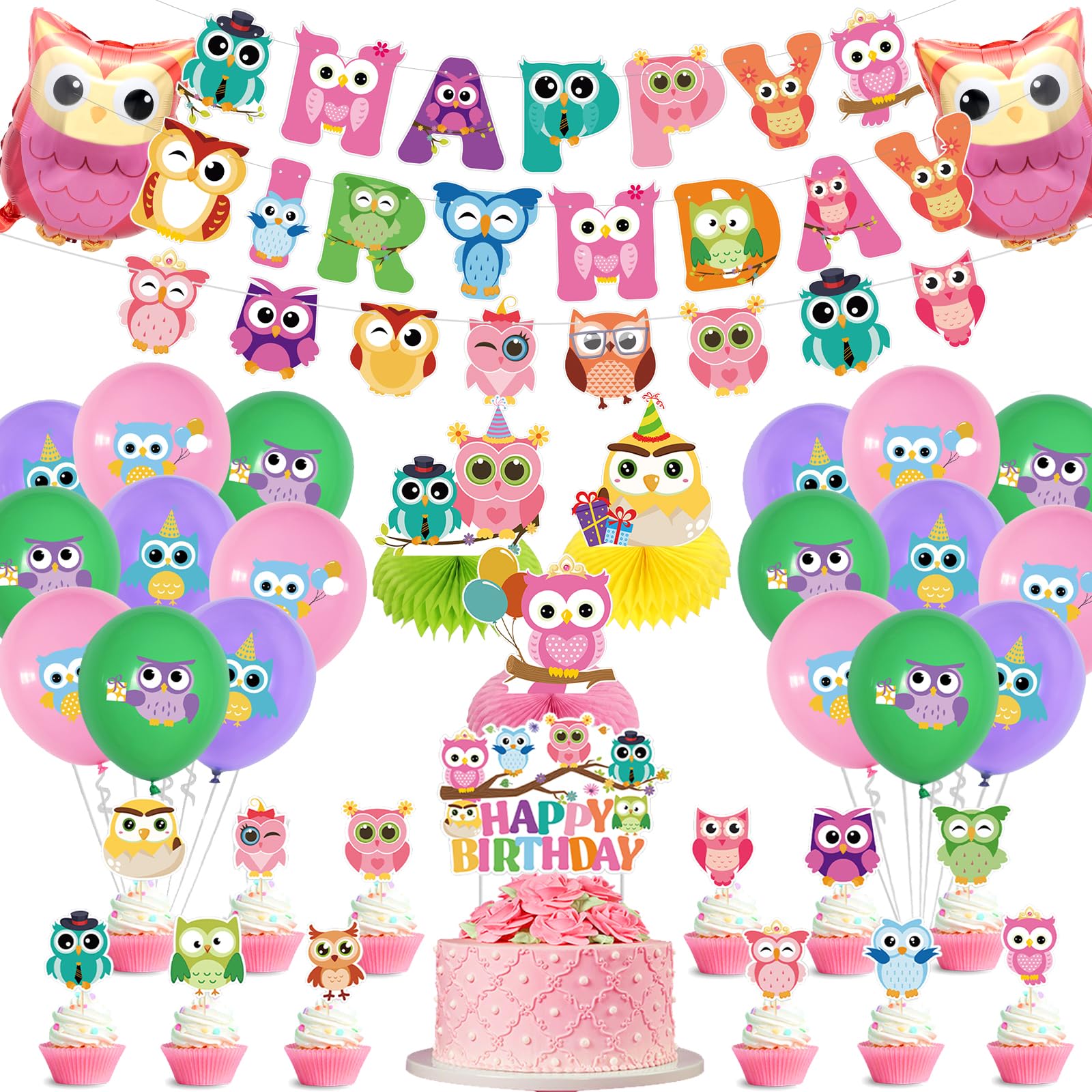 Owl Birthday Party Decorations, Cute Owl Party Supplies with Happy ...