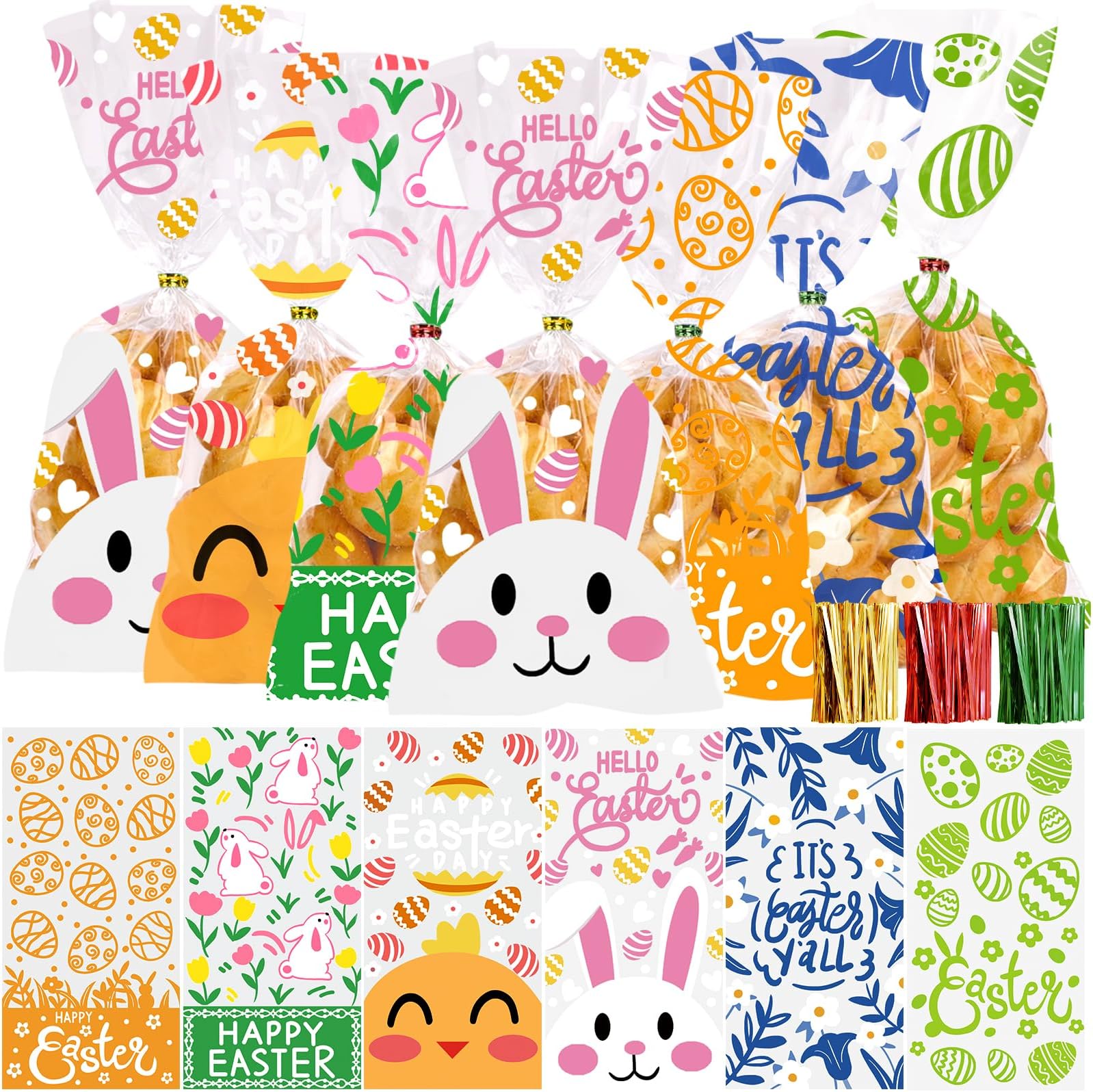 Amazon.com: 100 Pcs Bunny Birthday Cellophane Treat Bags Easter Bunny ...