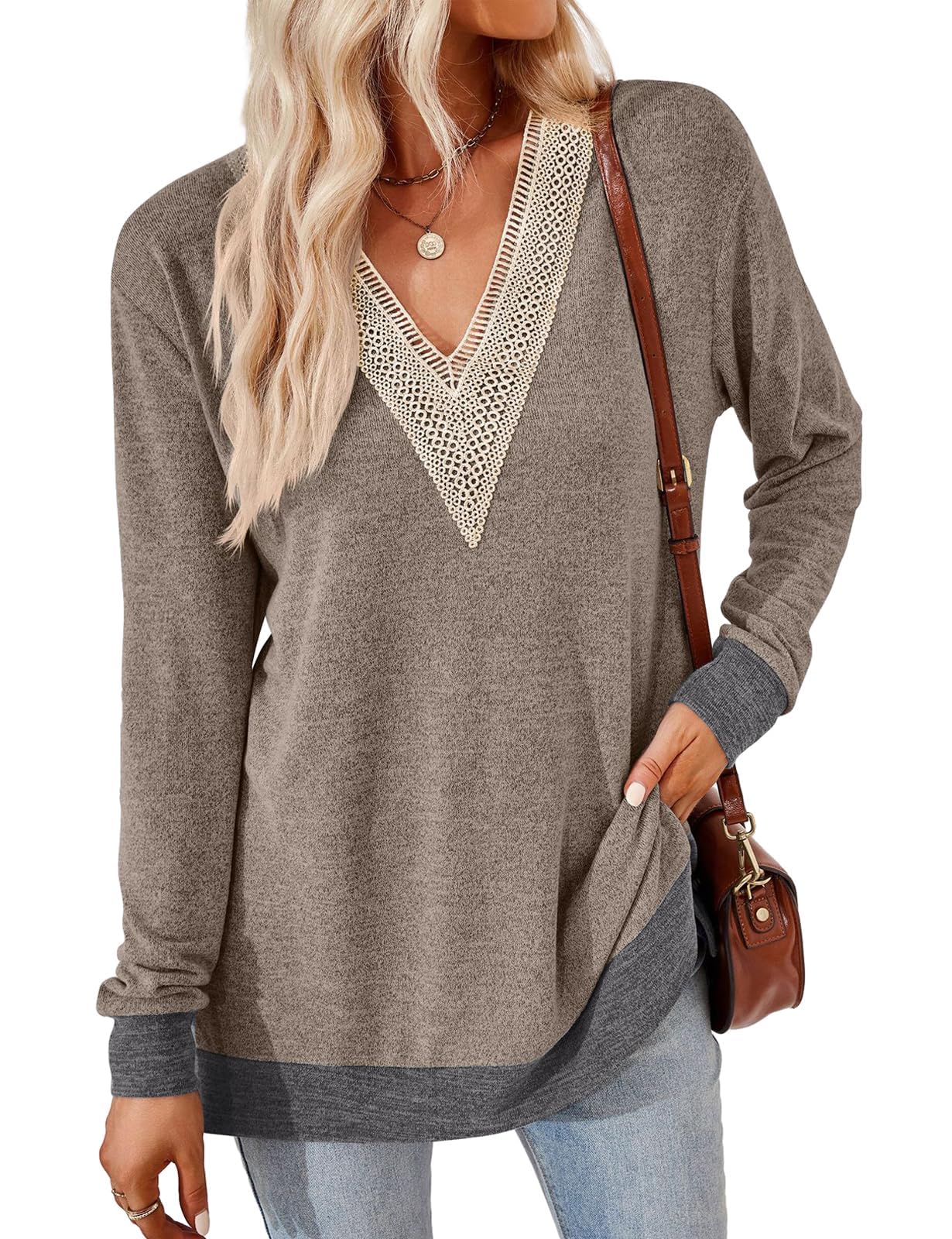 Shaoroua Womens V Neck Tunic Tops Long Sleeve Shirts Side Split ...