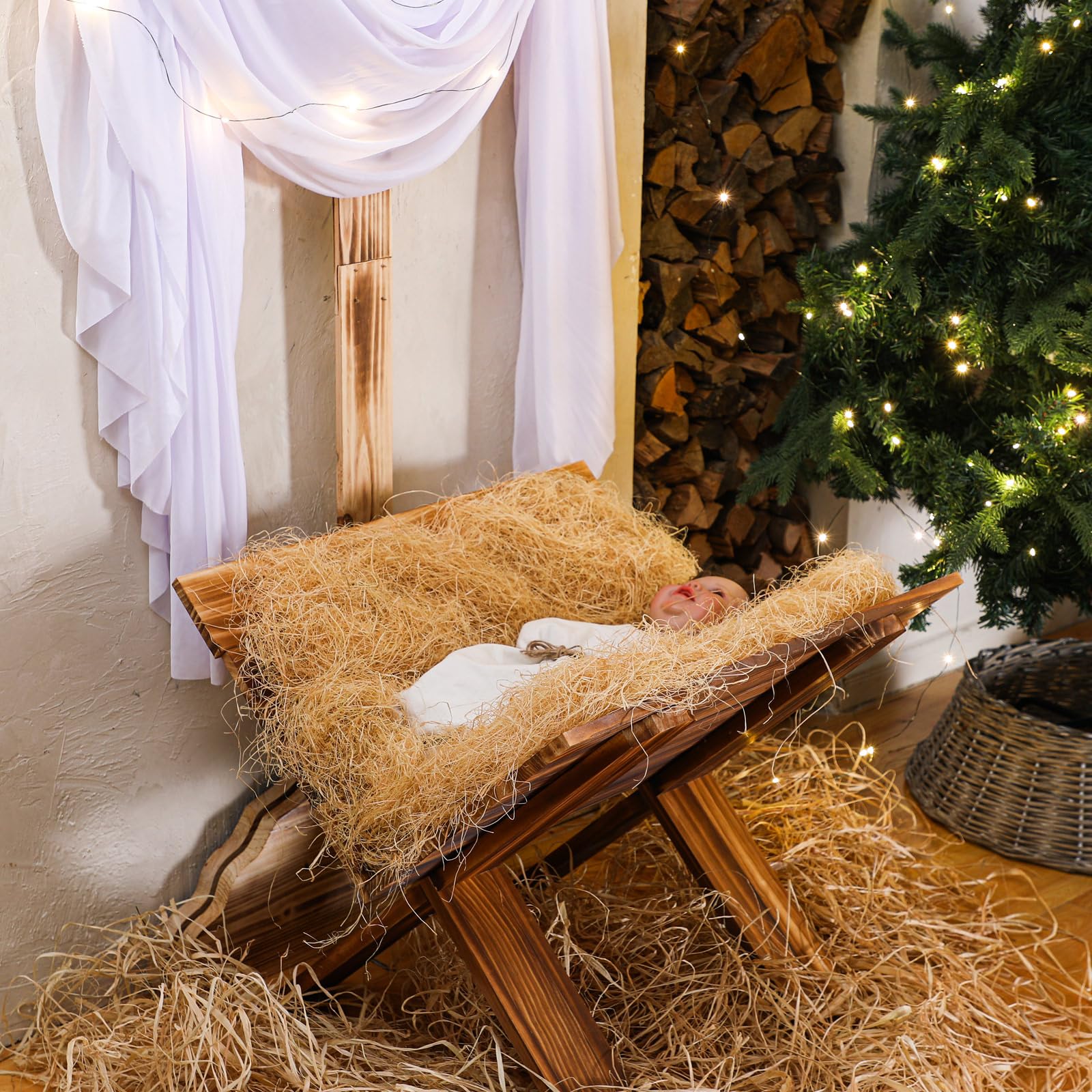 Jumbo Large Jesus in Wooden Manger Religious Christmas Decorations ...