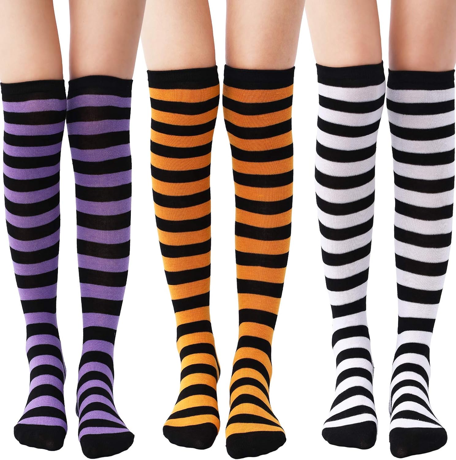 Amazon.com: Tatuo 3 Pairs Halloween Long Striped Knee High Socks Witch ...