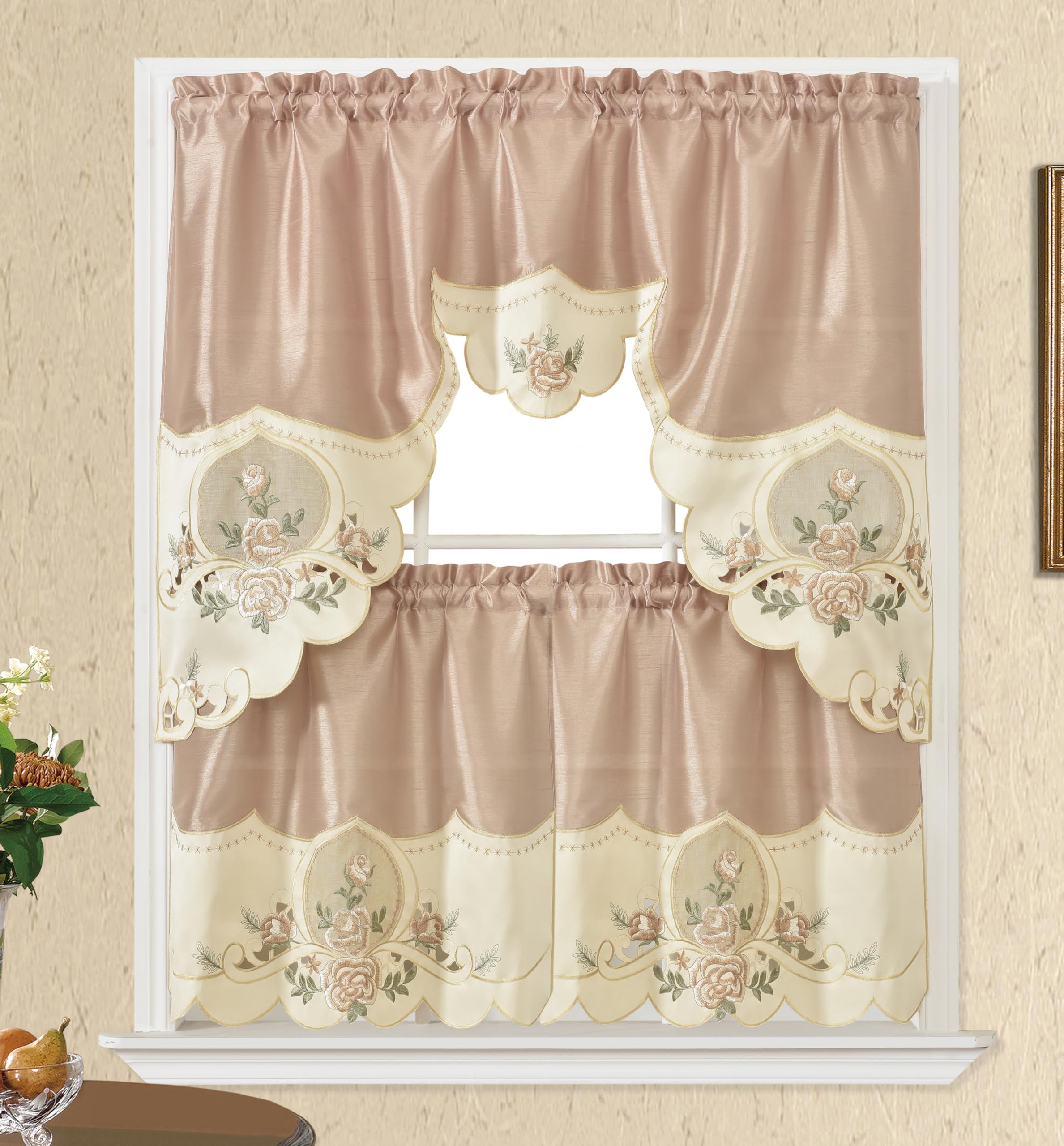Amazon.com: GOHD Rose Melody. 3pcs Kitchen Cafe Curtain Set. Swag and ...