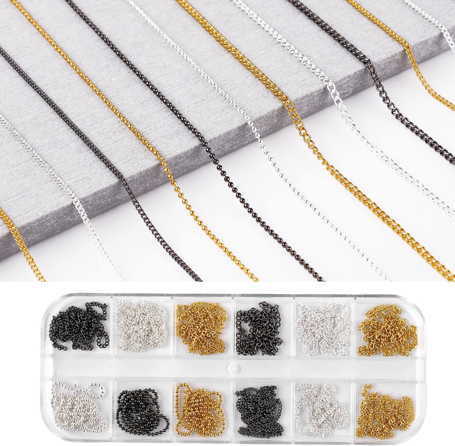 12 Strips Strips Metal Nail Art Chains, Gold Silver & Black Nail Chains ...