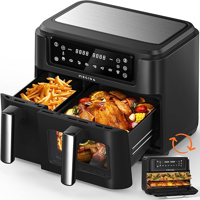 MECIGA Dual Zone Hot Air Fryer, Double Chamber Airfryer with Viewing ...