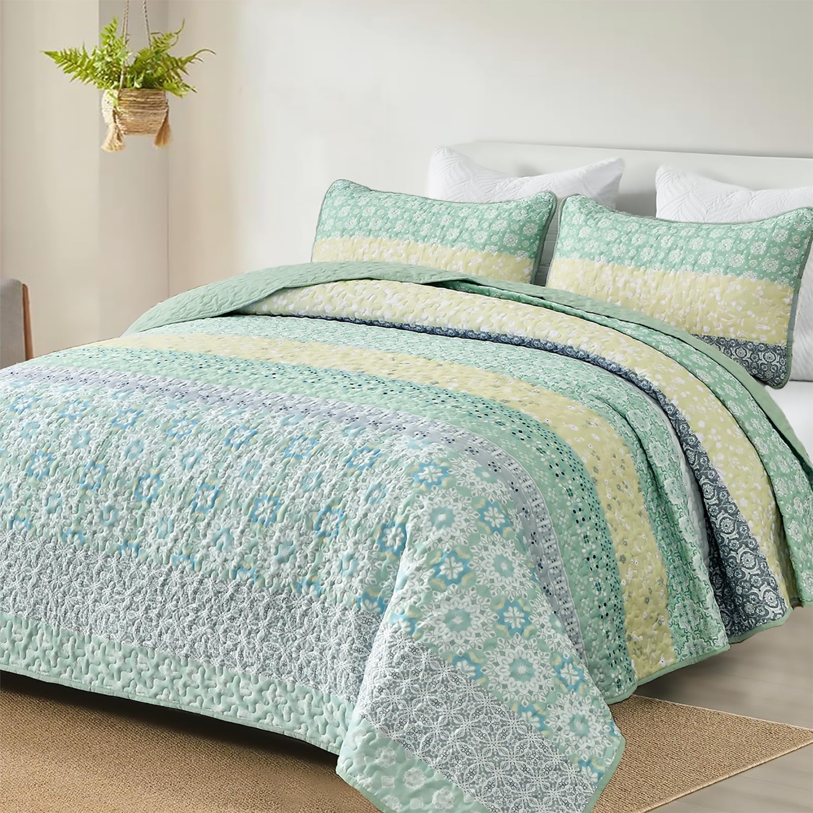 Amazon.com: WONGS BEDDING Boho Quilt Set Queen, Sage Green Bohemian ...