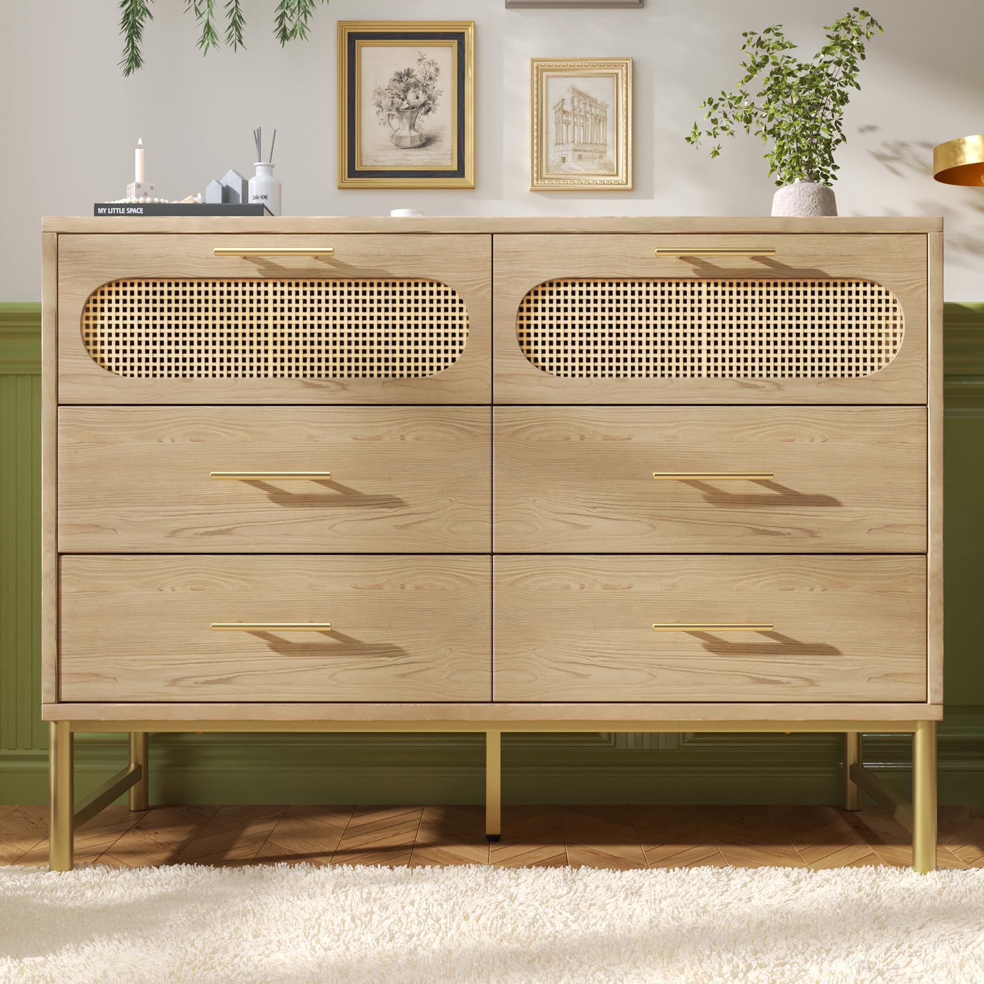BTM Rattan Sideboard with 6 Drawers, Anti-Tip Oak 6 Chest of Drawers ...