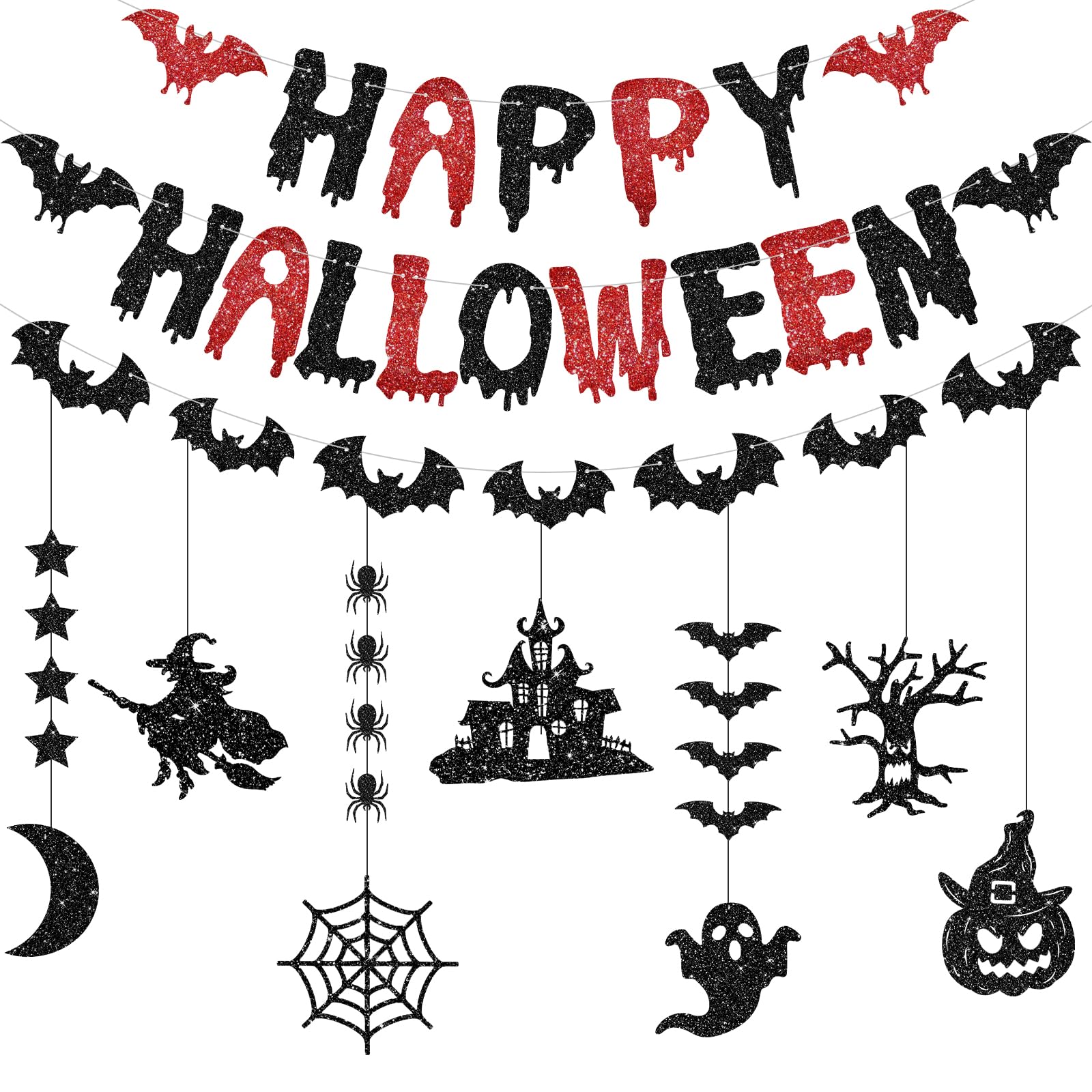 Amazon.com: PatiCool Happy Halloween Banner Glitter Pre-Strung | Black ...