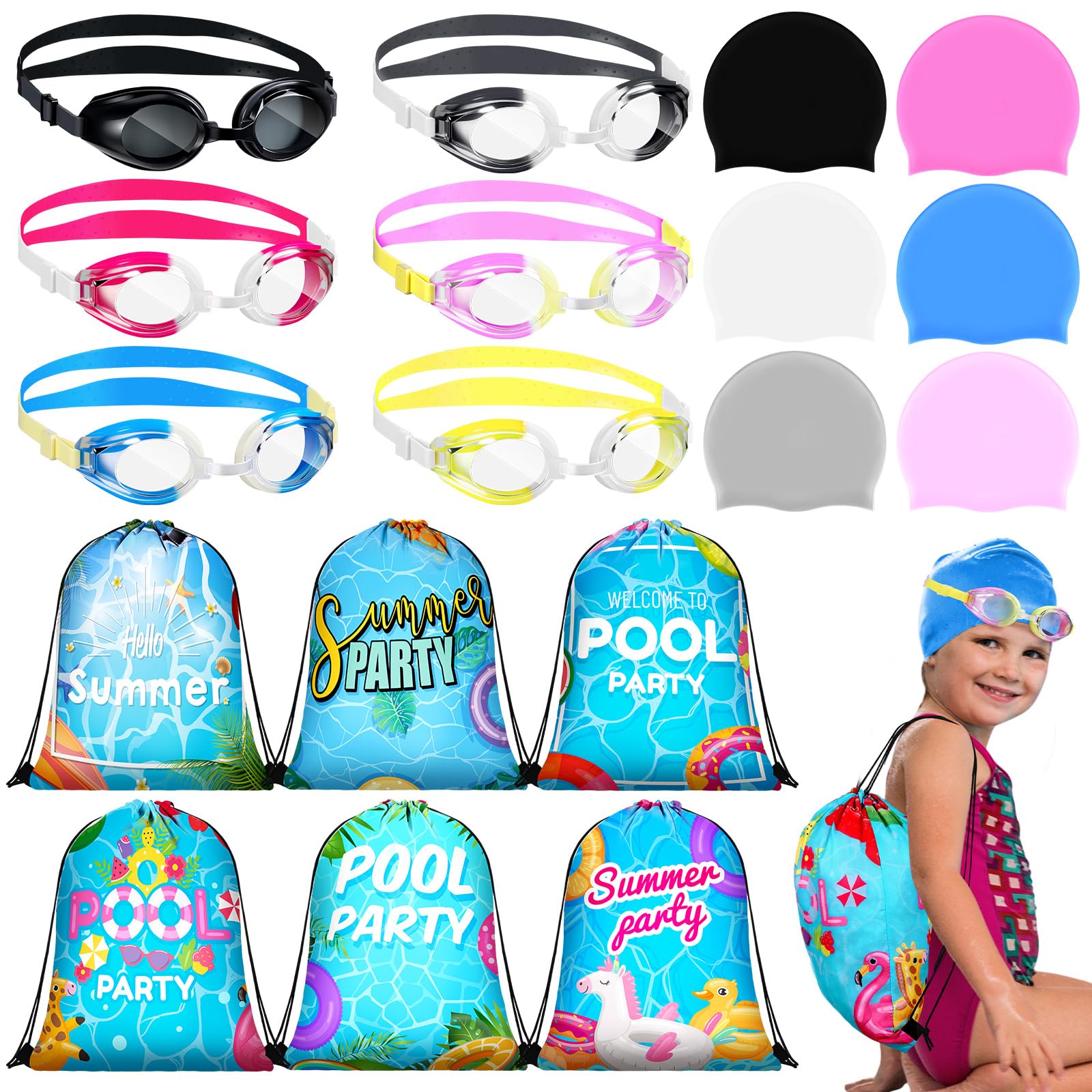 Snapklik.com : 6 Sets Pool Party Favors Swimming Goggle & Swim Cap ...