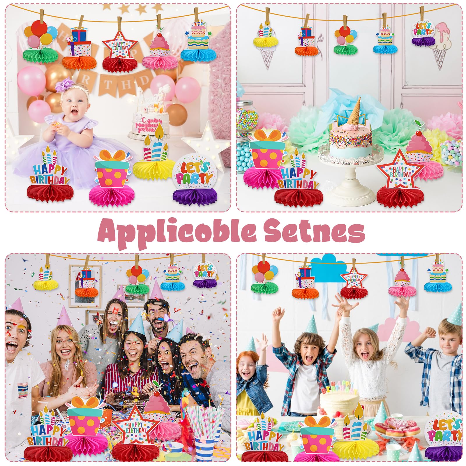 Kids Birthday Table Decor 9-Piece Rainbow Honeycomb Birthday ...