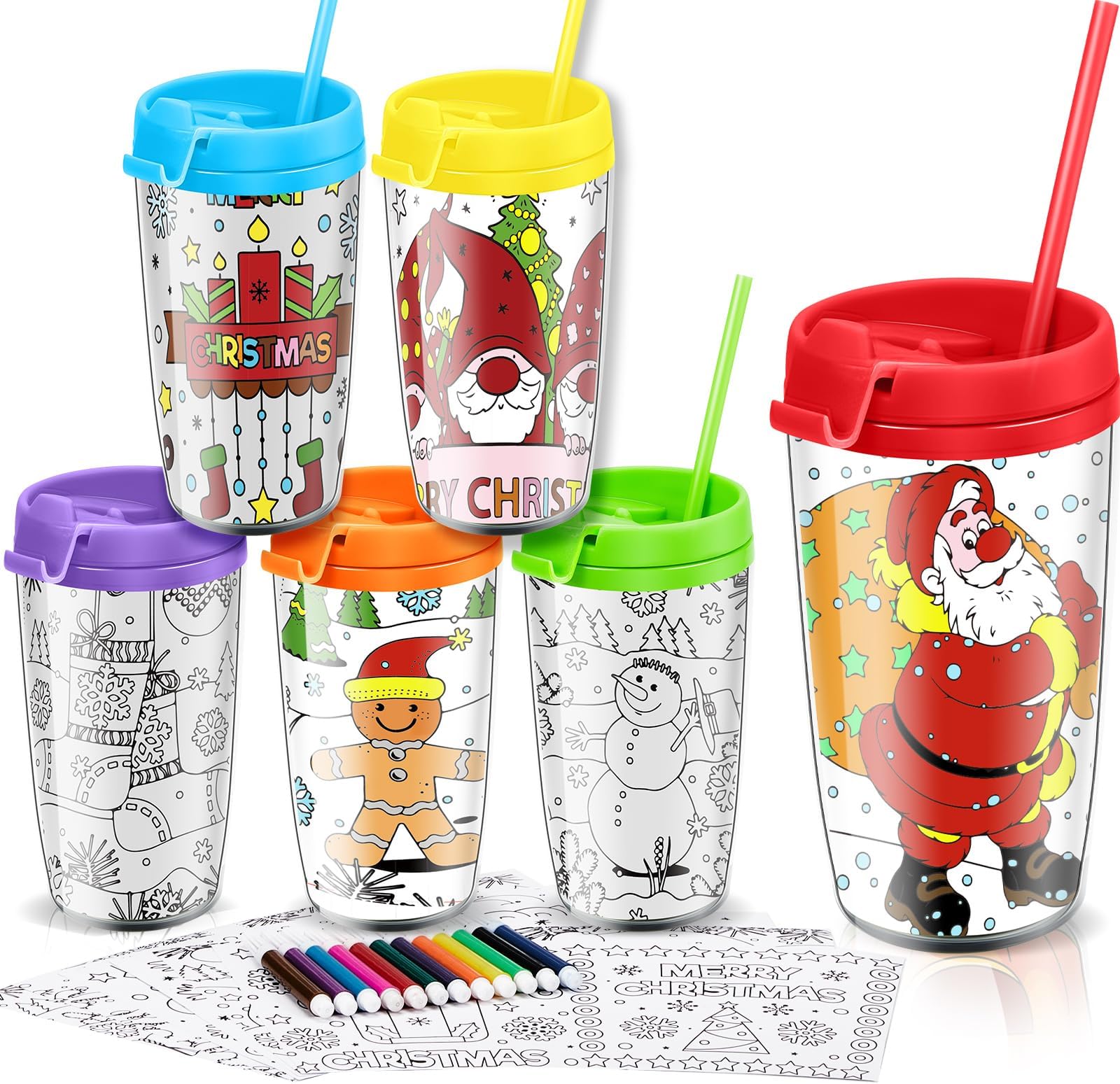 Amazon.com: Mumufy 6 Pieces Christmas Coloring Cup Plastic Christmas ...