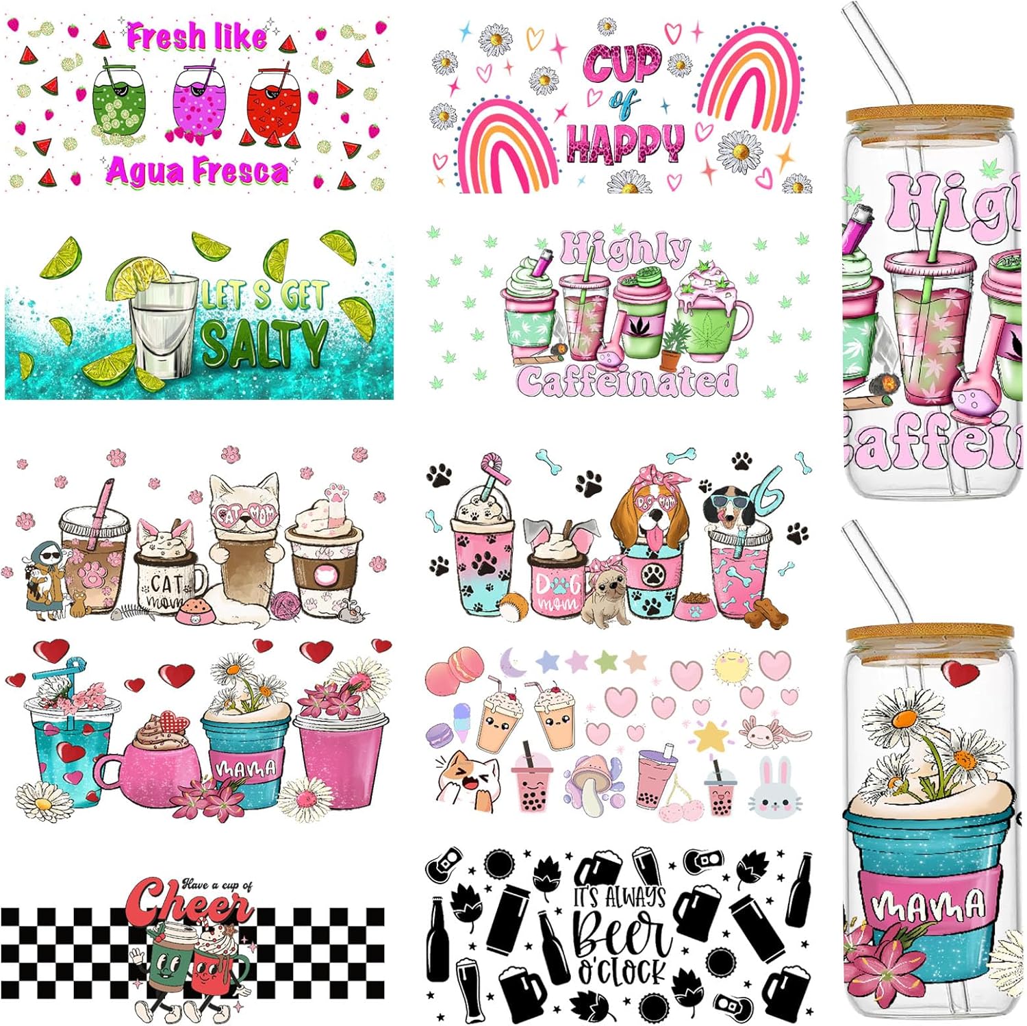 Amazon.com: UV DTF Cup Wraps Transfer Stickers for 16 oz Glass Cups, 10 ...