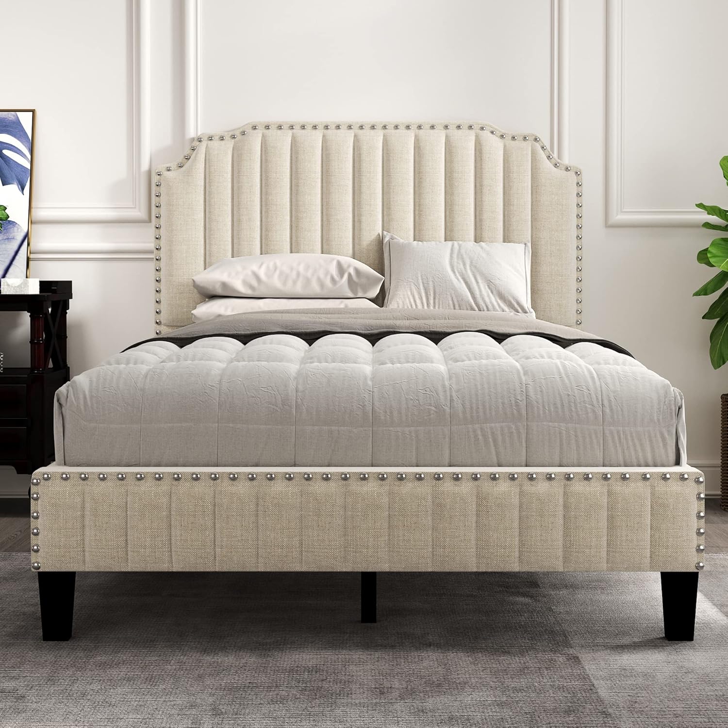 Amazon.com: HomJoones Full Size Bed Frame, Modern Linen Curved ...