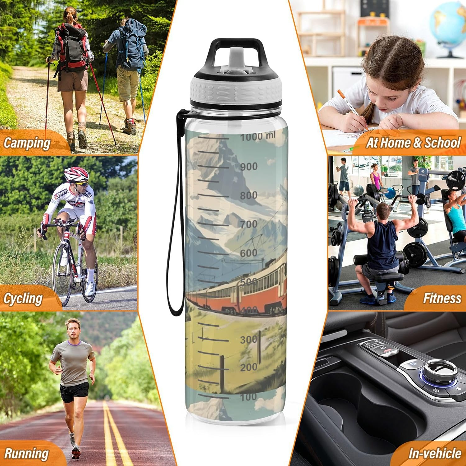 JUNZAN Water Bottle with Straw Water Intake Retro Landscape 32oz Gym ...