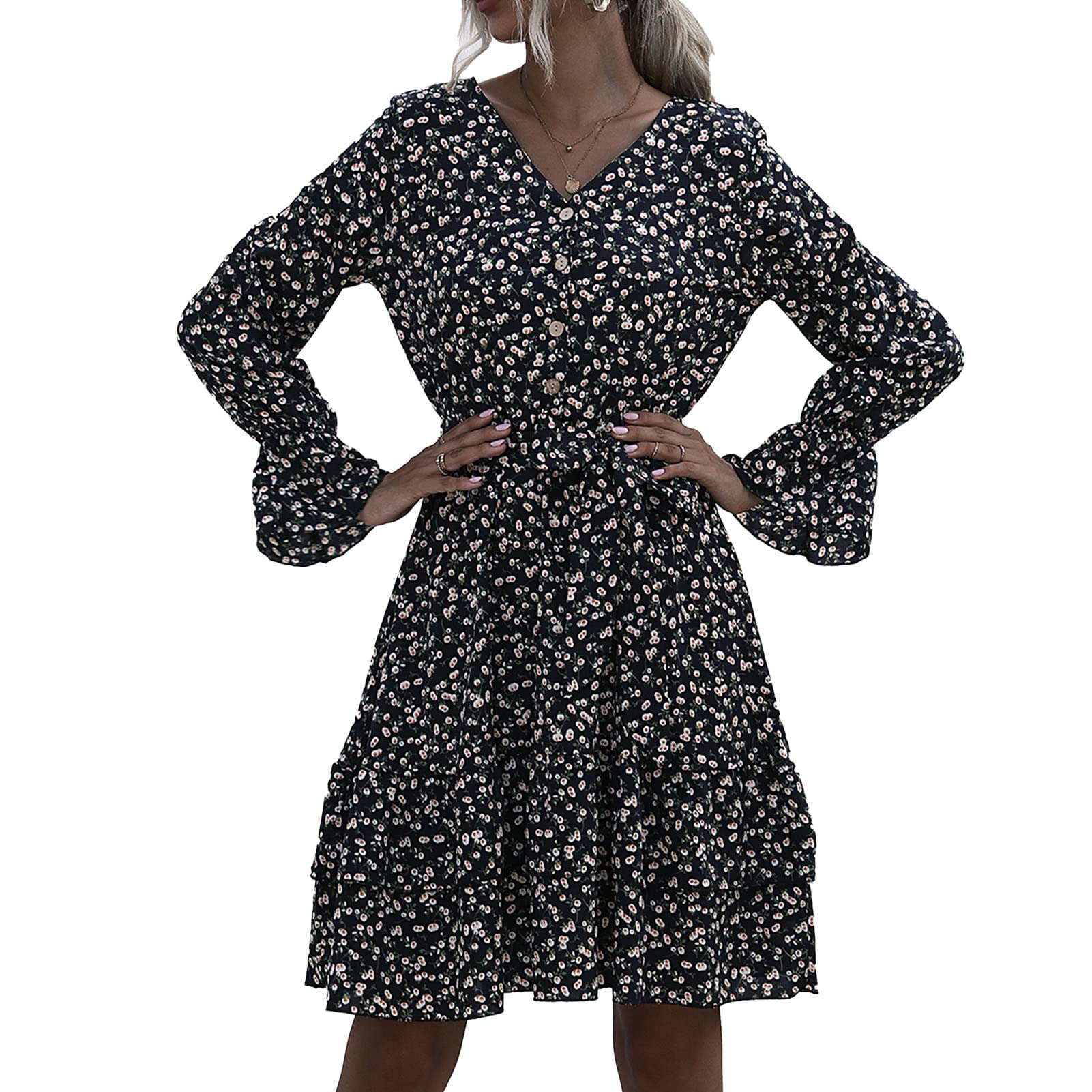 1 x Brand New Woman Long Sleeve Dress V Neck Tie Up Design Dress Boho ...