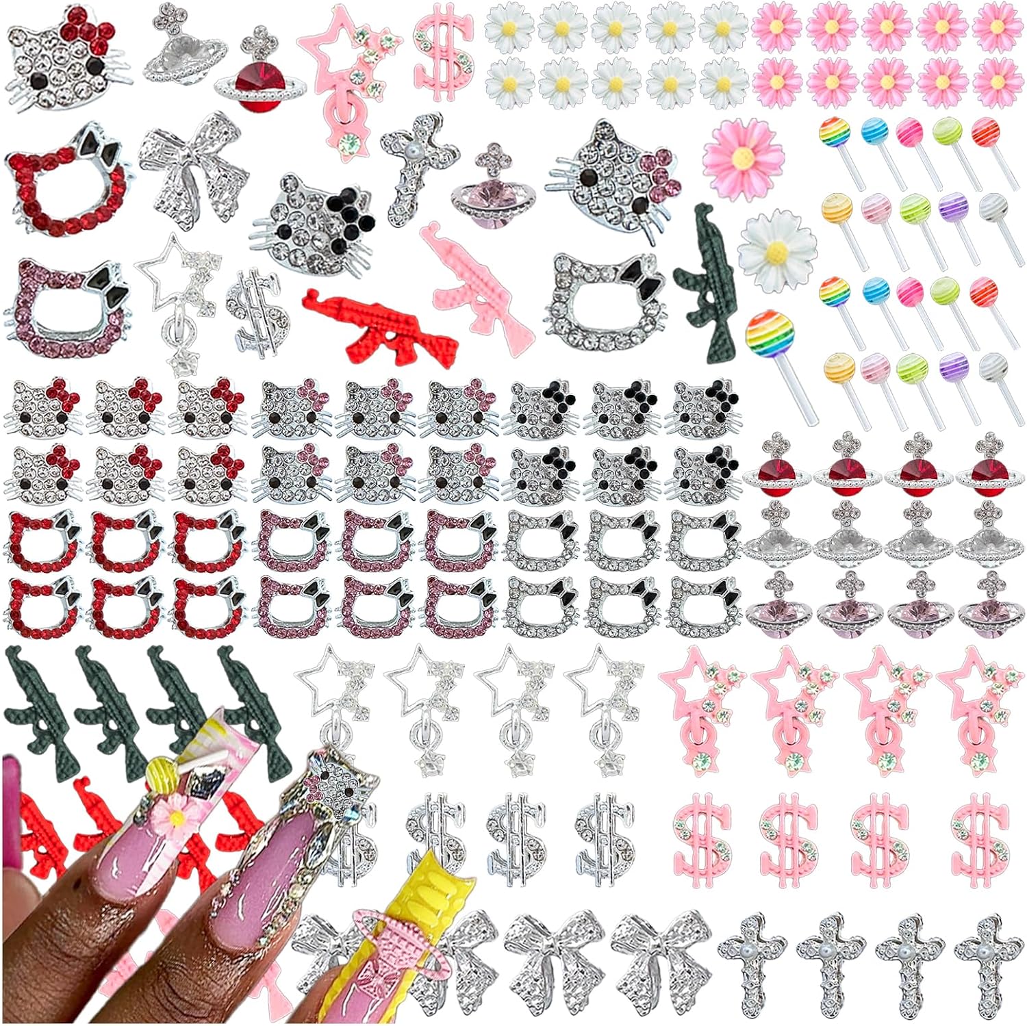 Amazon.com : XIYONALI 124PCS Nail Charms for Acrylic Nails - Silver ...