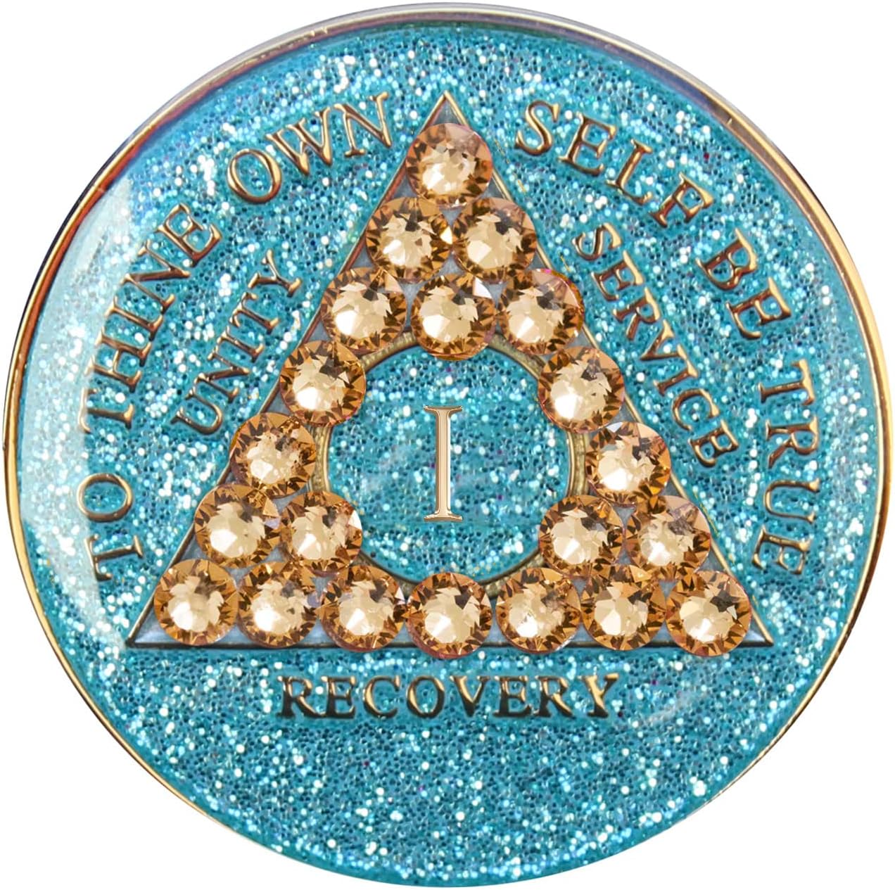 Amazon.com: Recovery Mint Sobriety Chip AA Glitter Aqua Triplate Gold ...