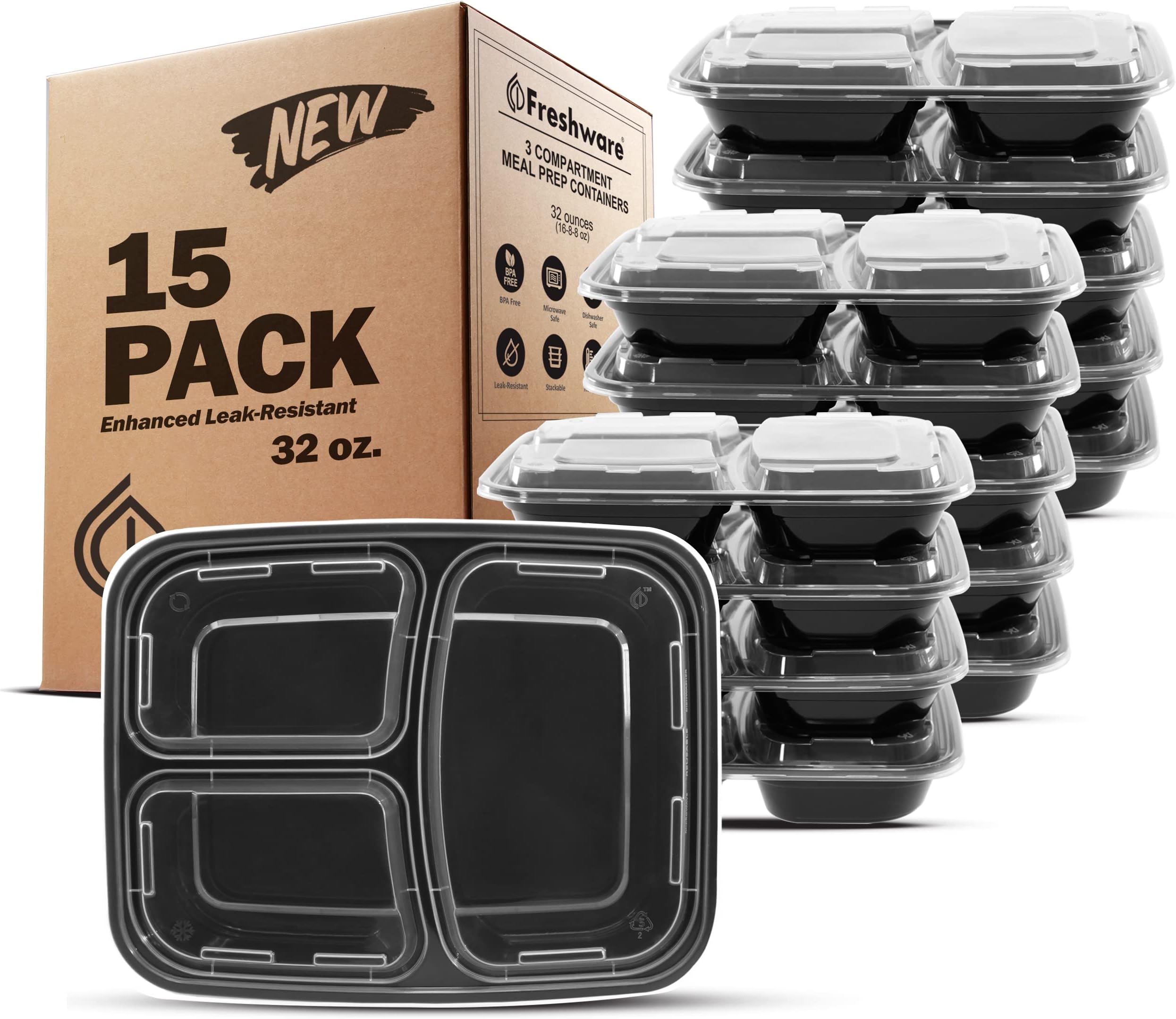 Amazon.com: Ez Prepa [20 Pack] 32oz 3 Compartment Meal Prep Containers ...