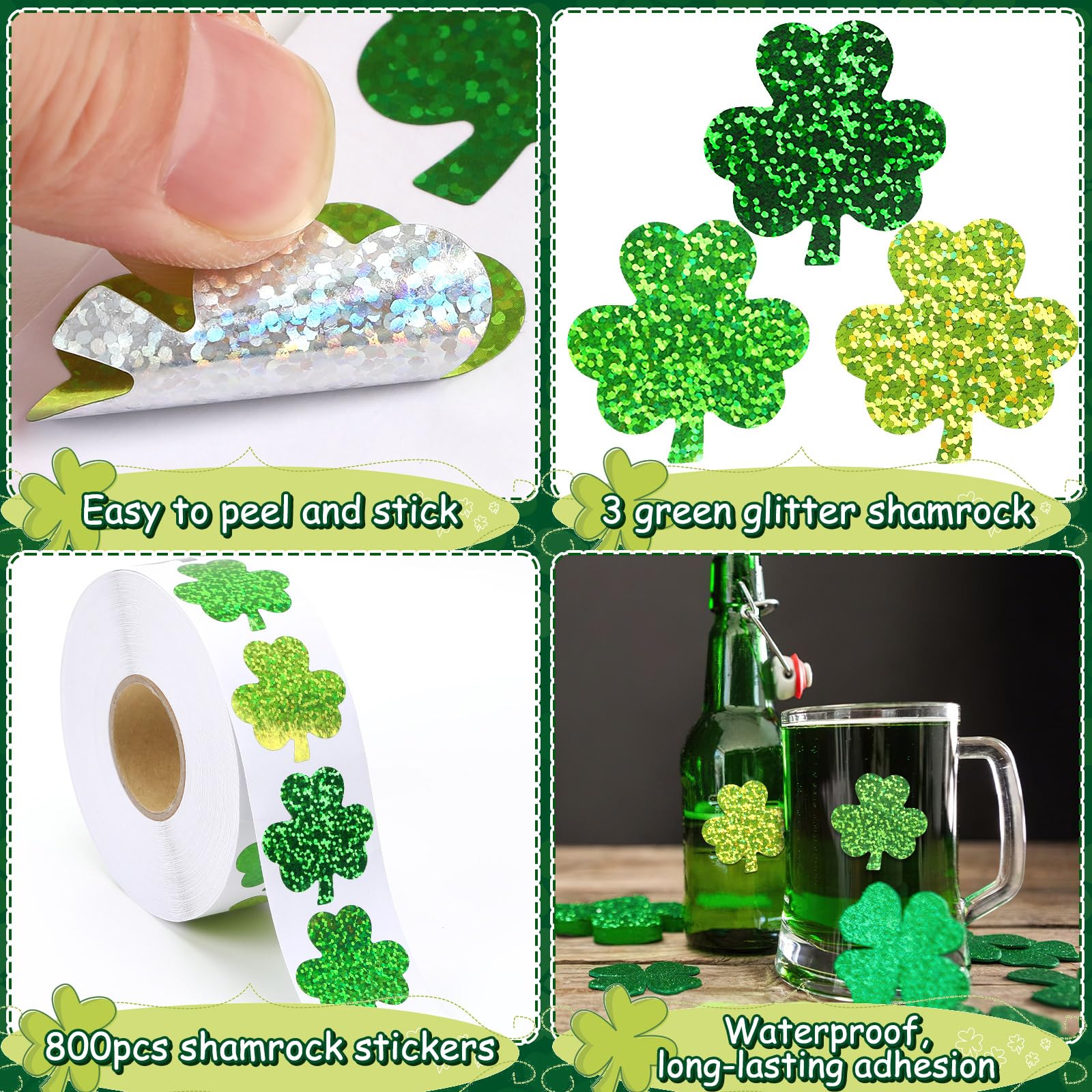Snapklik.com : 800 Pcs St. Patricks Day Stickers, Glitter Shamrock Roll ...
