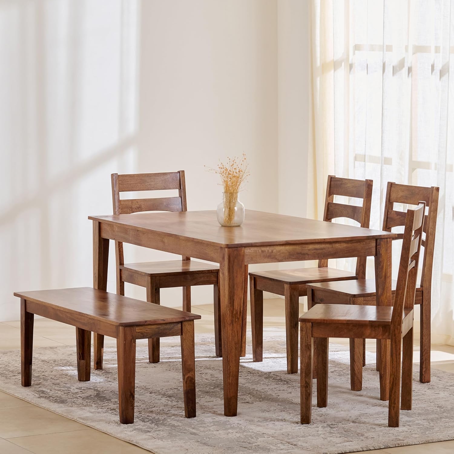 Home Centre 6 Seater Helios Amora Mango Wood Dining Set with 4 Chairs and 1 Bench | Mango Wood ...