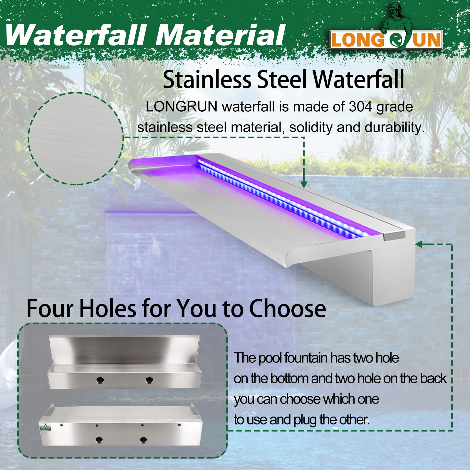 LONGRUN Stainless Steel Waterfall Spillway, APP Control Multi-Color LED ...