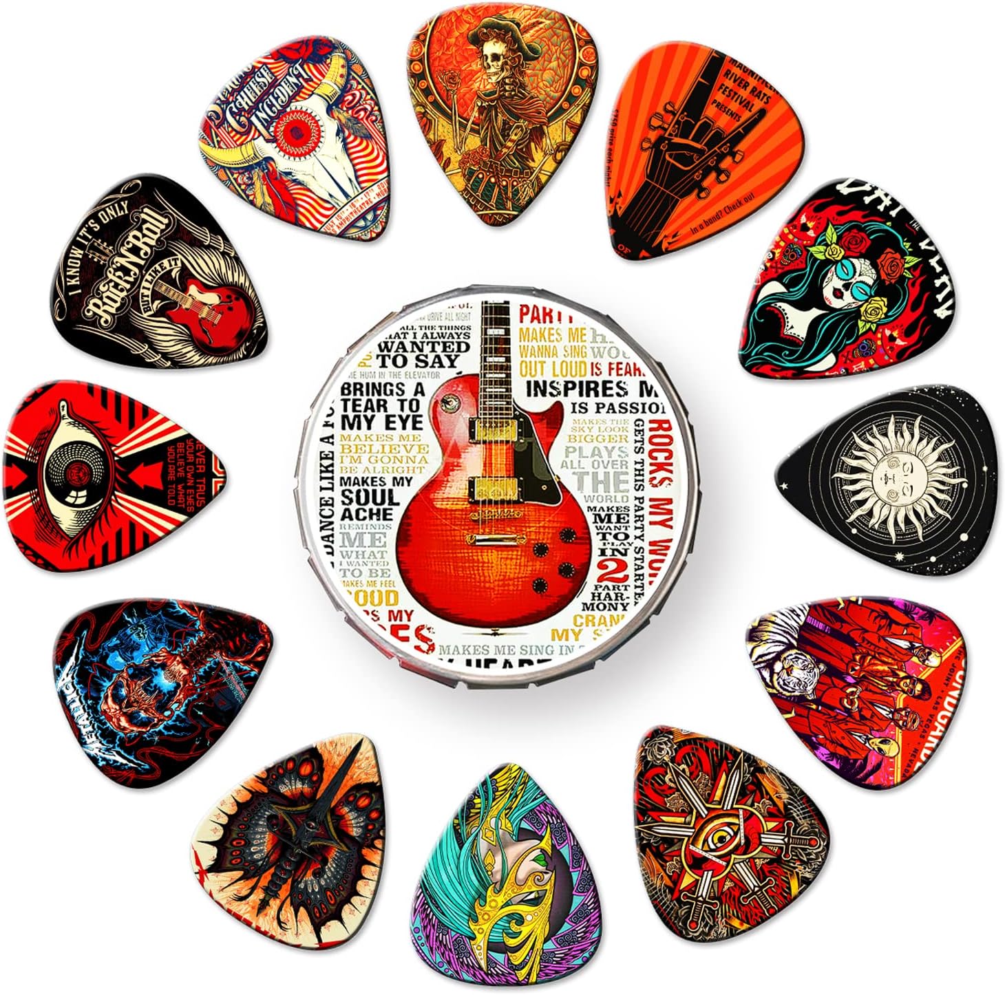 Guitar Picks 24 Pack Thin, Medium, Heavy & Extra Heavy Picks with Tin ...
