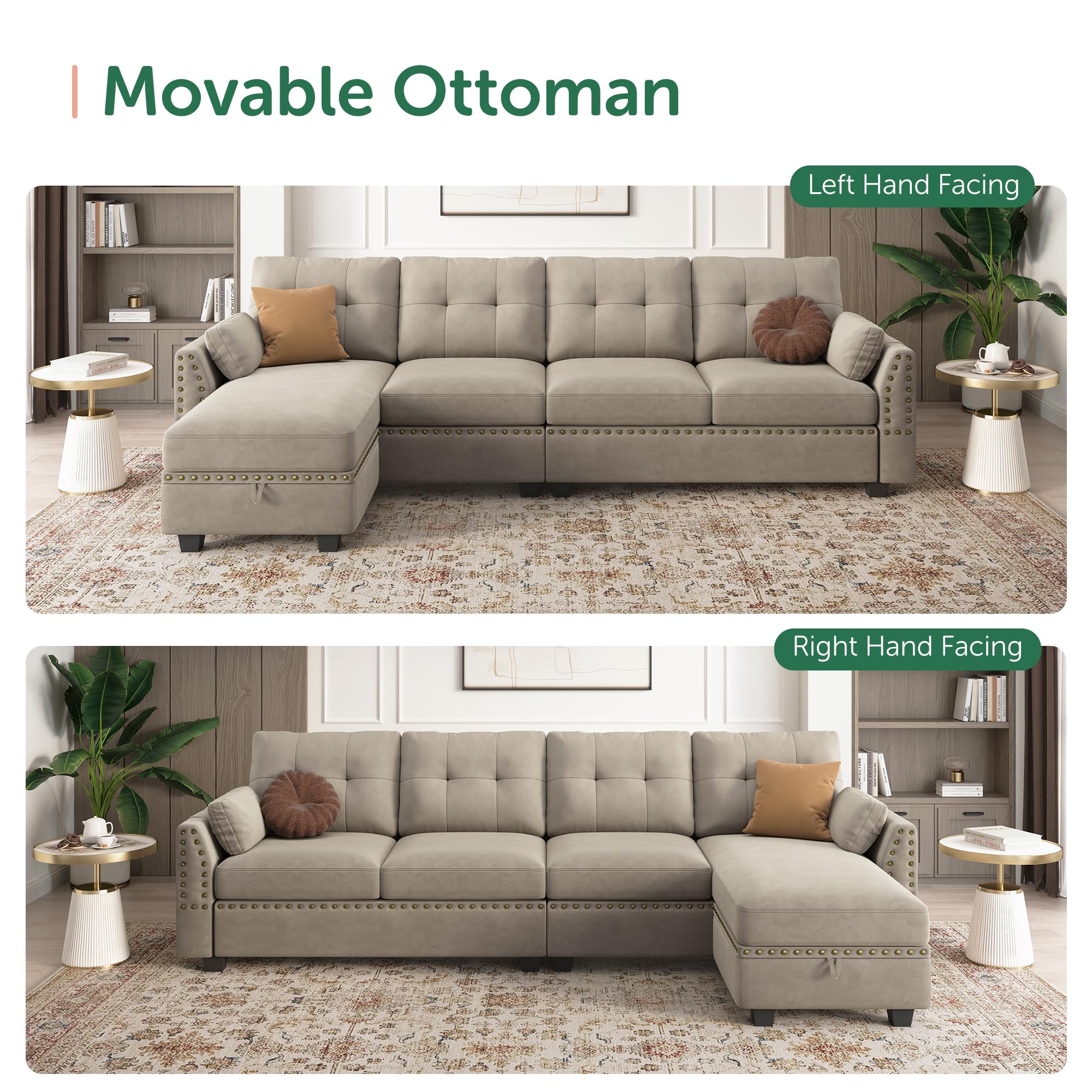 HONBAY Velvet Convertible Sectional Sofa L Shaped Couch with Storage ...