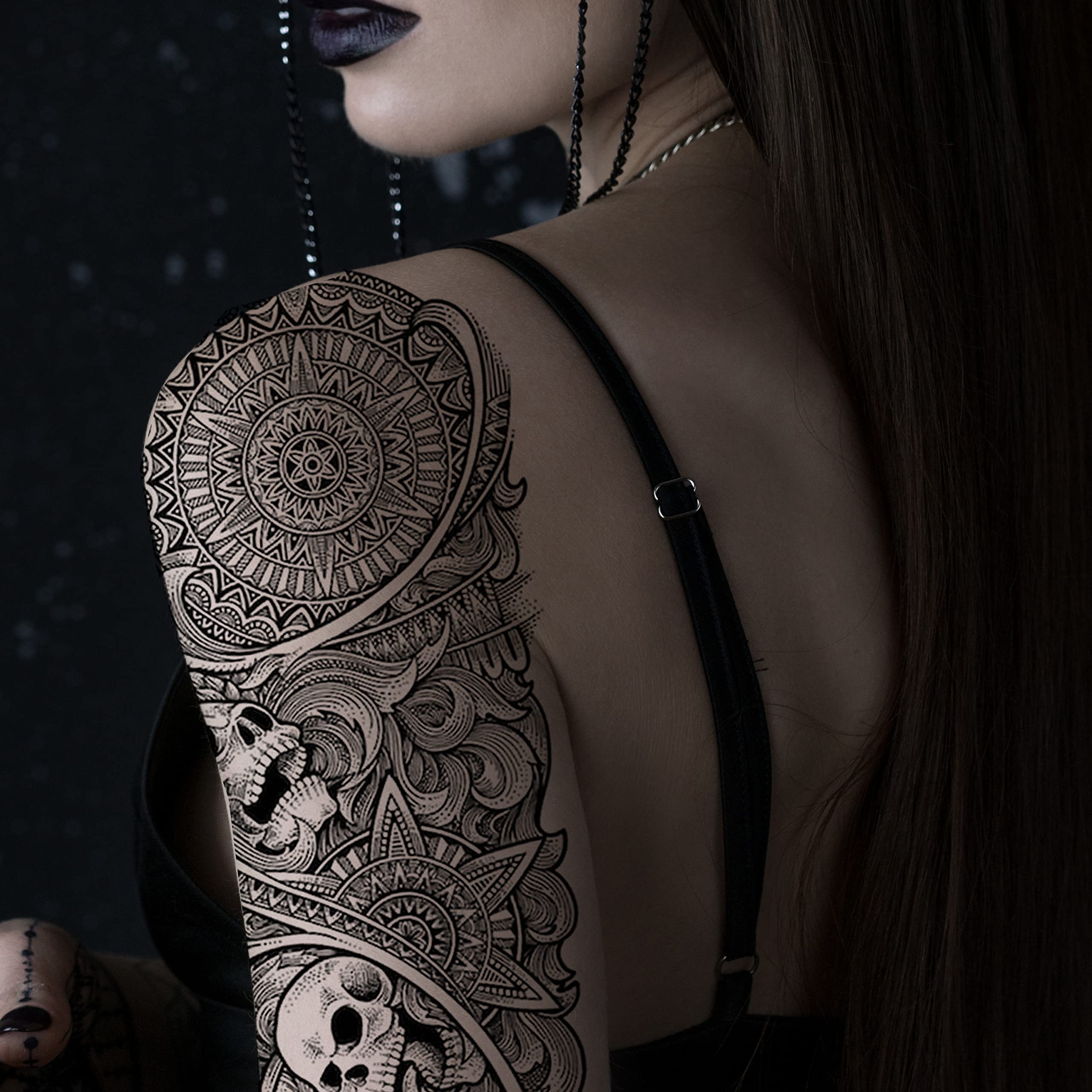 Tatodays temporary tattoo full arm skulls gothic stick on body art ...