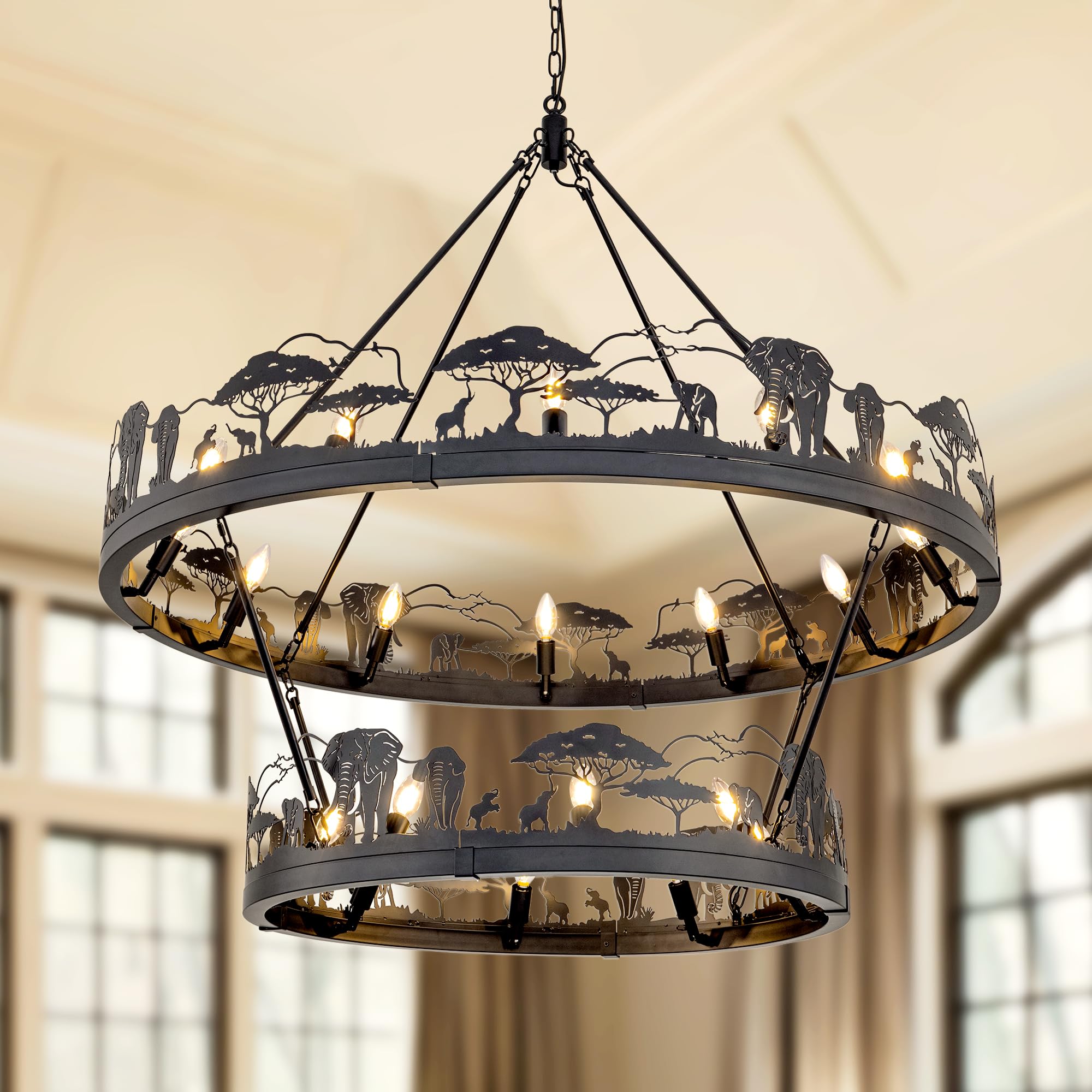 Wellmet 48 Inch Black Wagon Wheel Chandelier,2 Tier Farmhouse Rustic ...