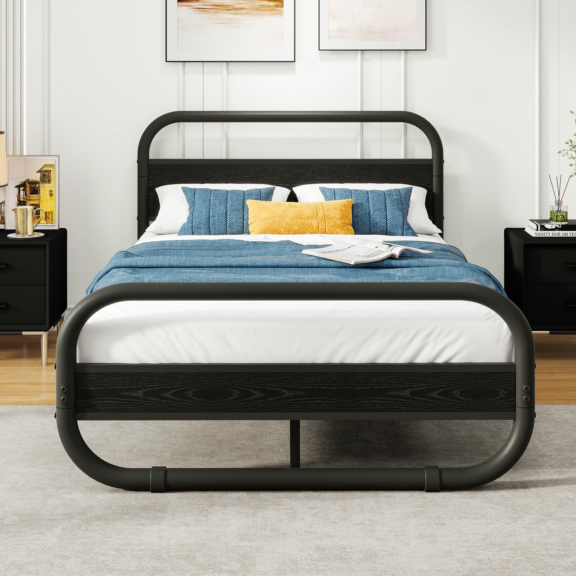 QUCENAK Double Size Bed Frame with Headboard,Oval-Shaped Platform Bed ...