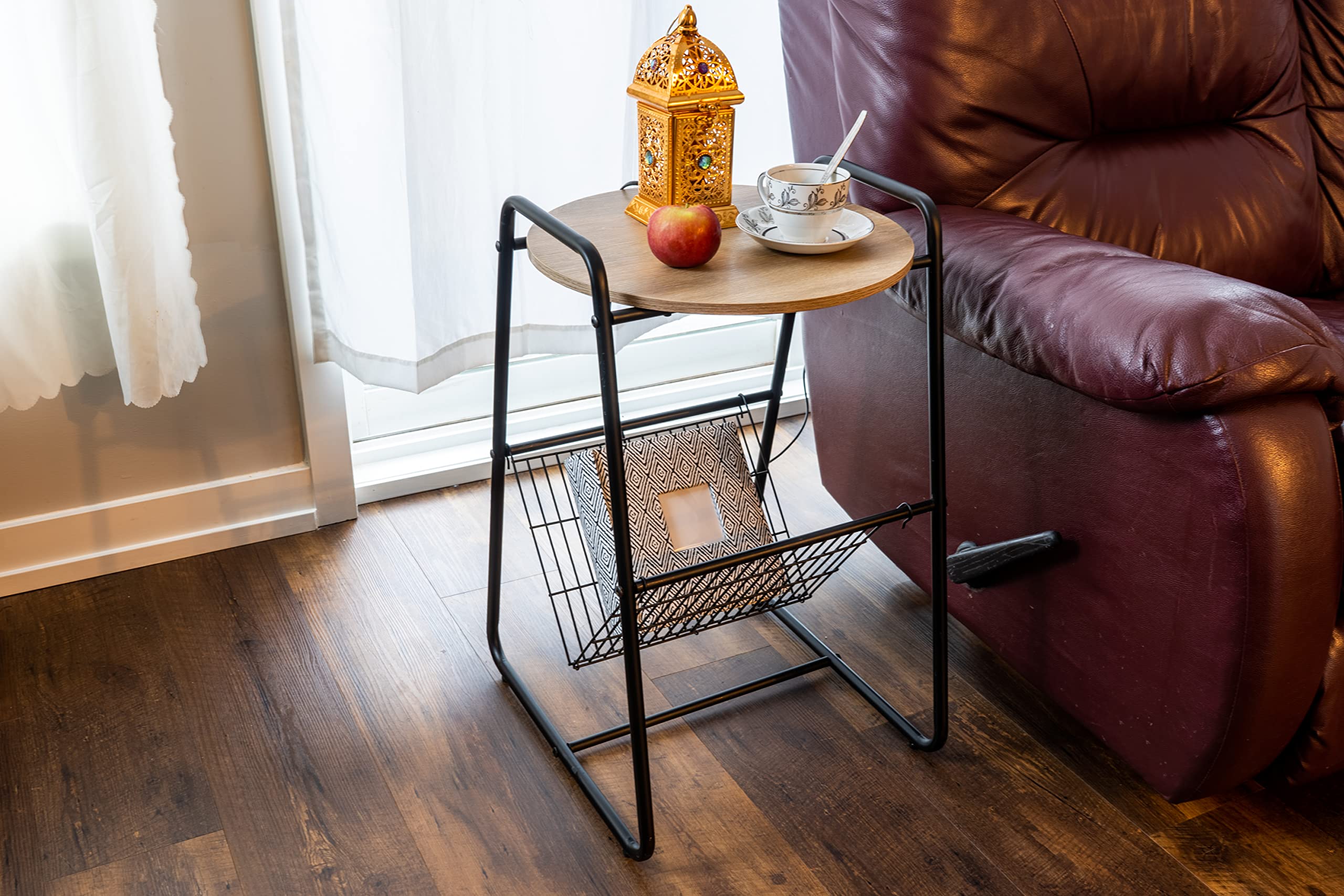 Modern Round End Table with Storage, Nightstand, Magazine Rack, Metal ...