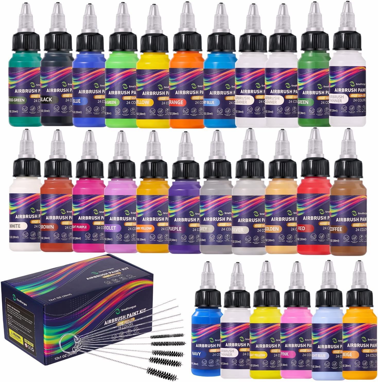 28 Colors Airbrush paint kit, Include Cleaner, Thinner, Metallic Colors ...