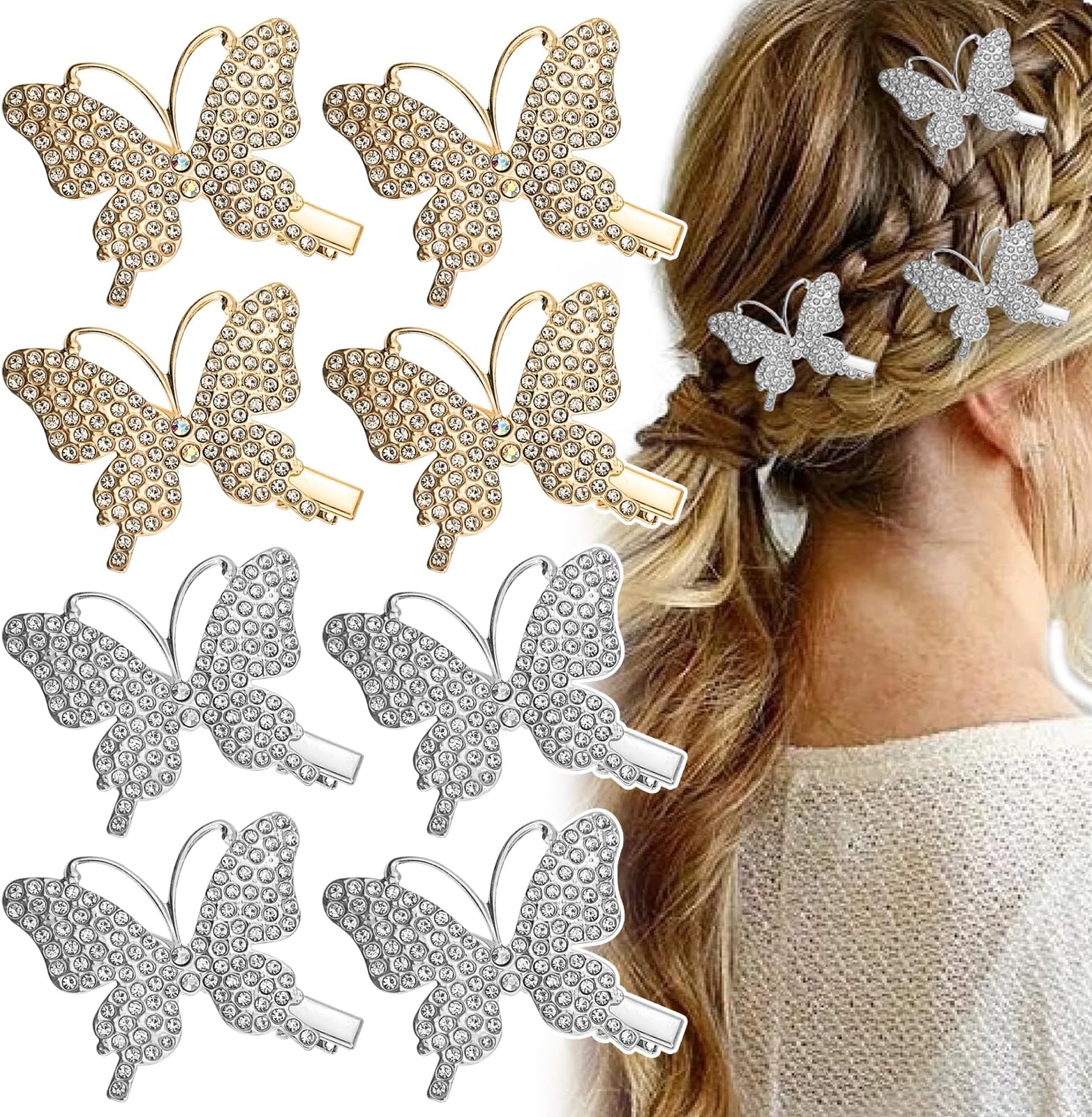 Amazon.com : 8 PACK Butterfly Hair Clips, Rhinestone Glitter Butterfly ...